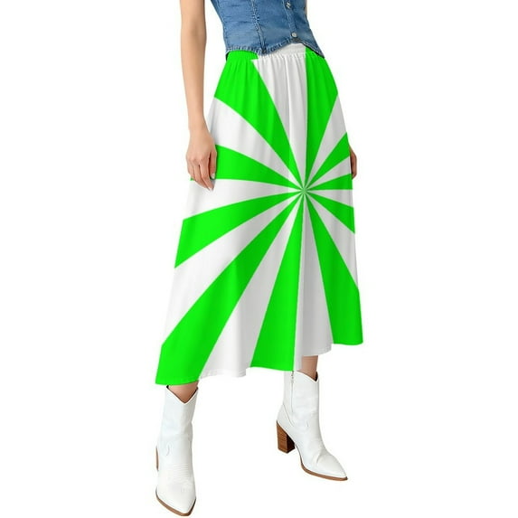 Aesthetic Green And White Sunburst Women High Waist Midi Skirt Elegant ...