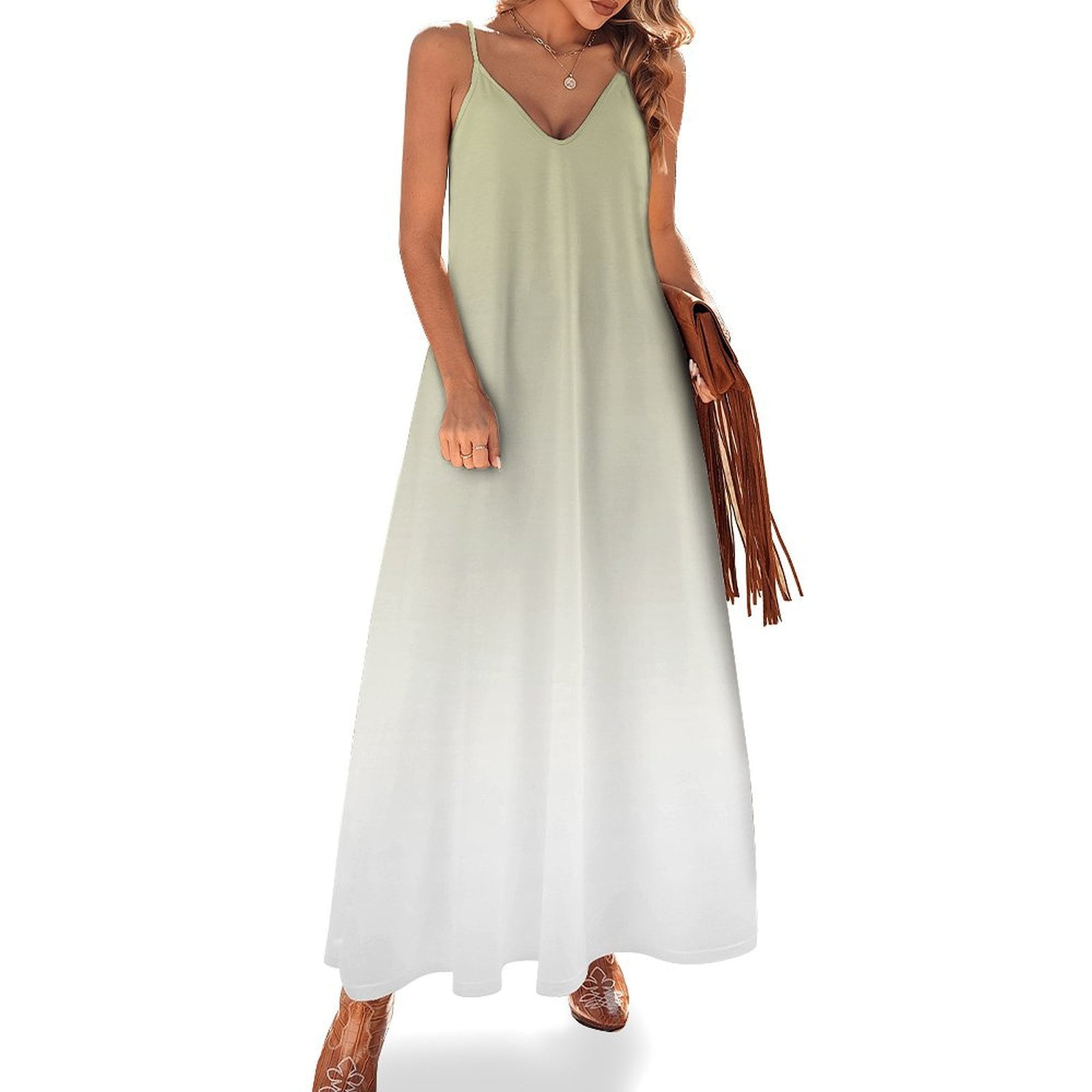 Aesthetic Green Beige And White Gradient Sleeveless Dress Loose Women's Dress Dresses Luxury ...