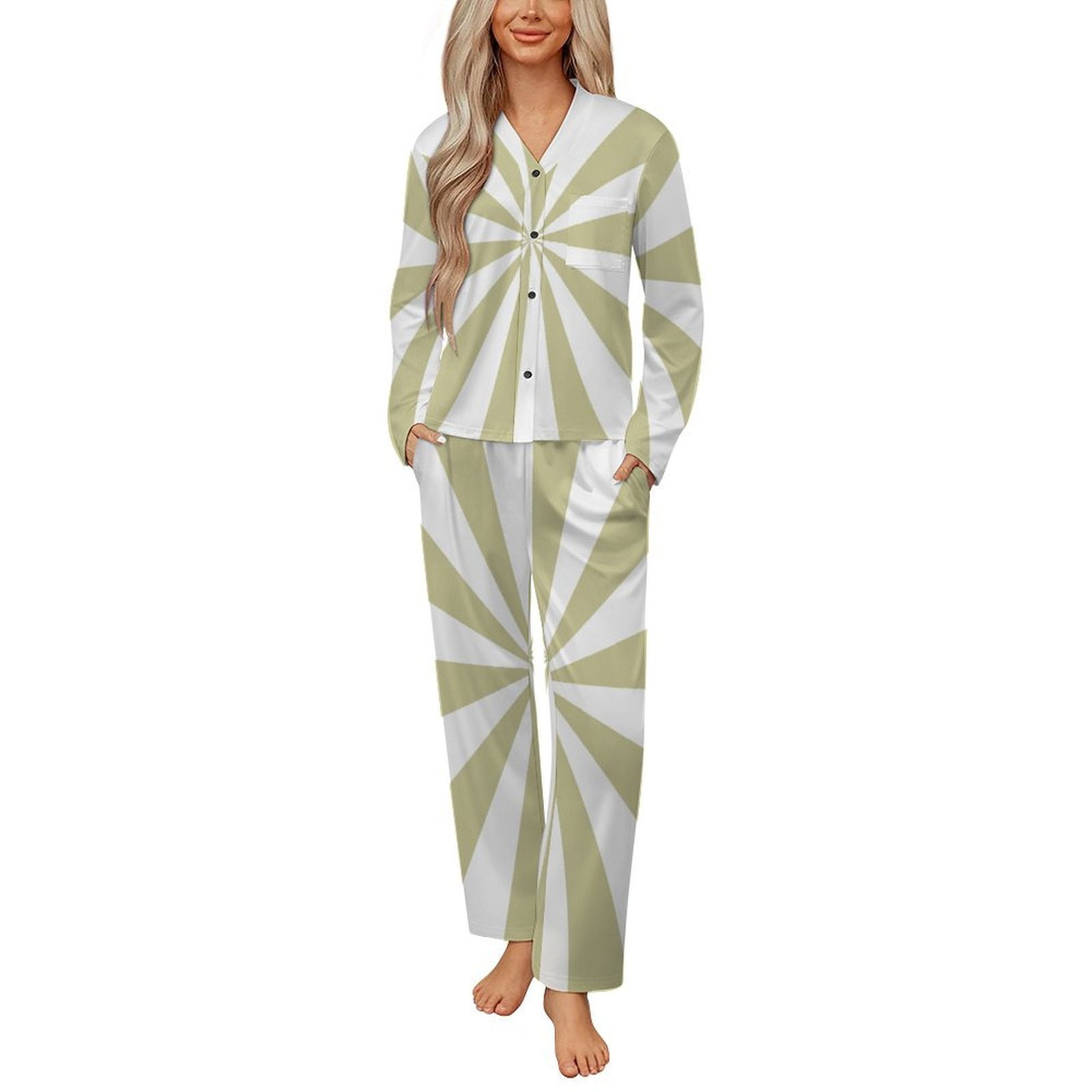 Aesthetic Green Beige And White Sunburst Womens Pyjamas Set Button Up ...