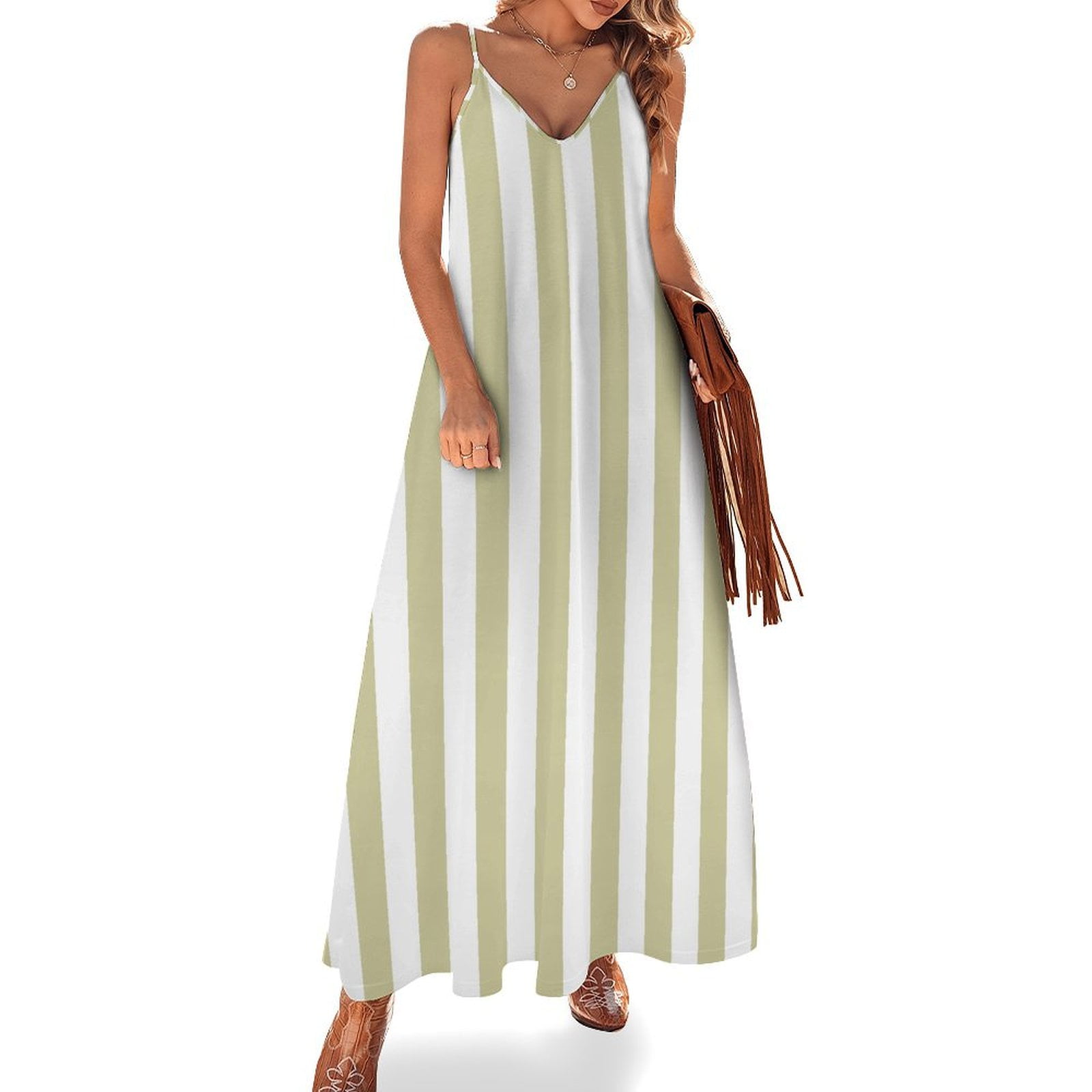 Aesthetic Green Beige And White Vertical Sleeveless Dress loose women's dress cocktail dresses ...
