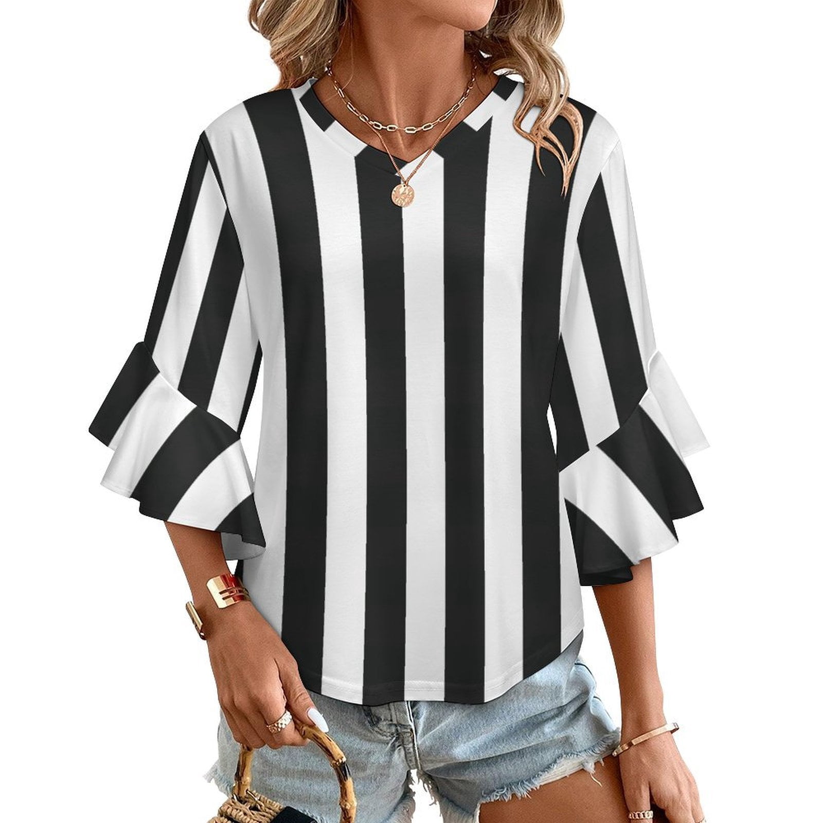 Aesthetic Grey And White Vertical Women's V-Neck Blouse With 3/4 ...