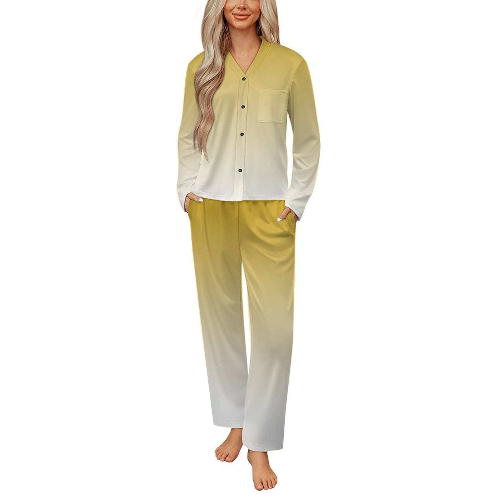 Aesthetic Honey Yellow And White Gradient Womens Pyjamas Set Button Up ...