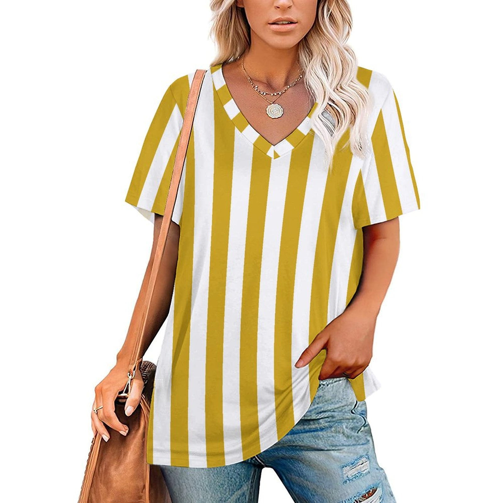 Aesthetic Honey Yellow And White Vertical Fashion Female T-Shirt Short ...