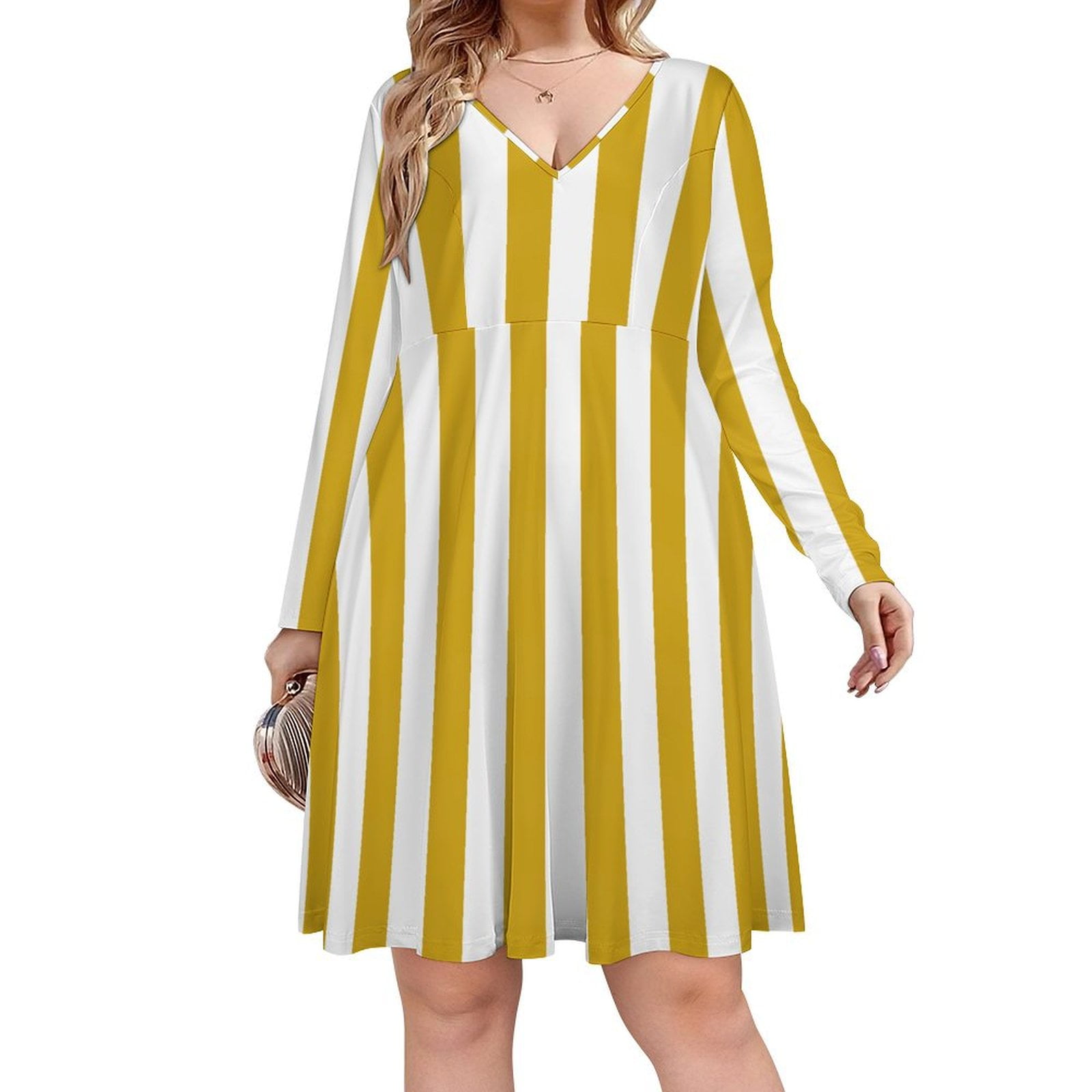 Aesthetic Honey Yellow And White Vertical Long Sleeve Dresses For Women ...