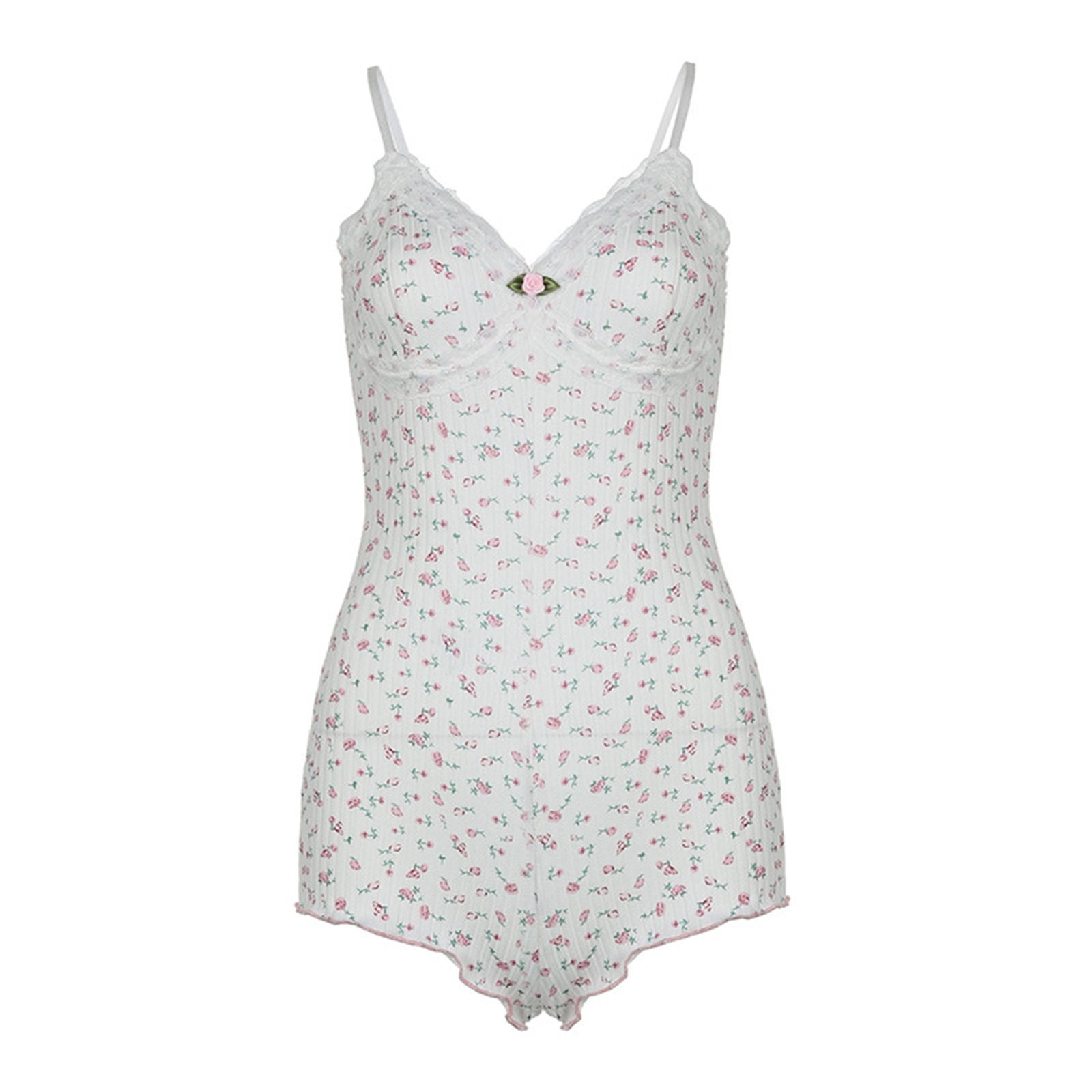 Aesthetic Lace Trim V Neck Romper Spaghetti Strap Floral Print Ribbed ...