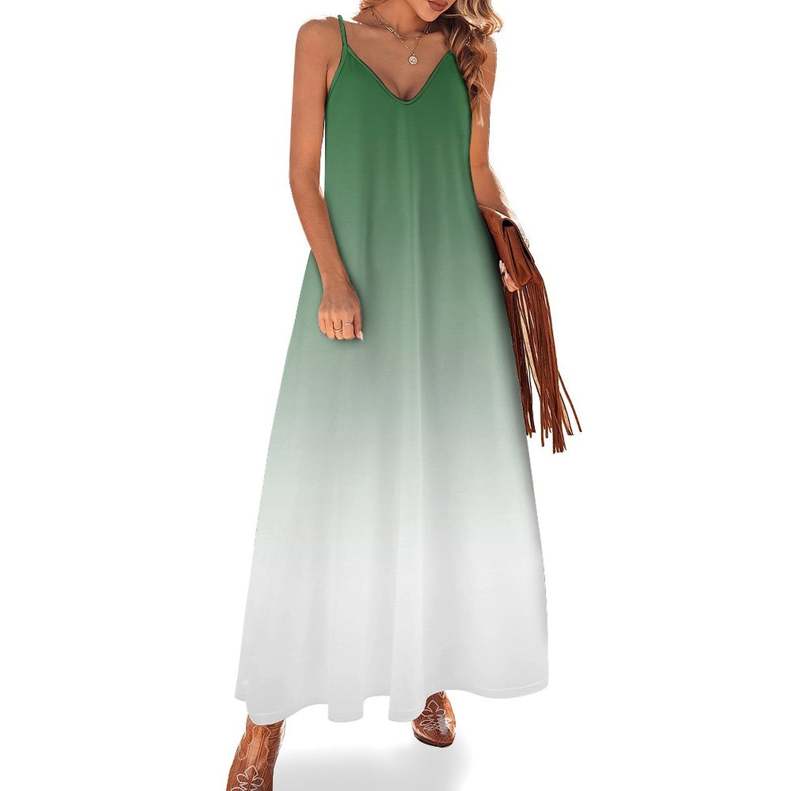 Aesthetic Leaf Green And White Gradient Sleeveless Dress Women's ...