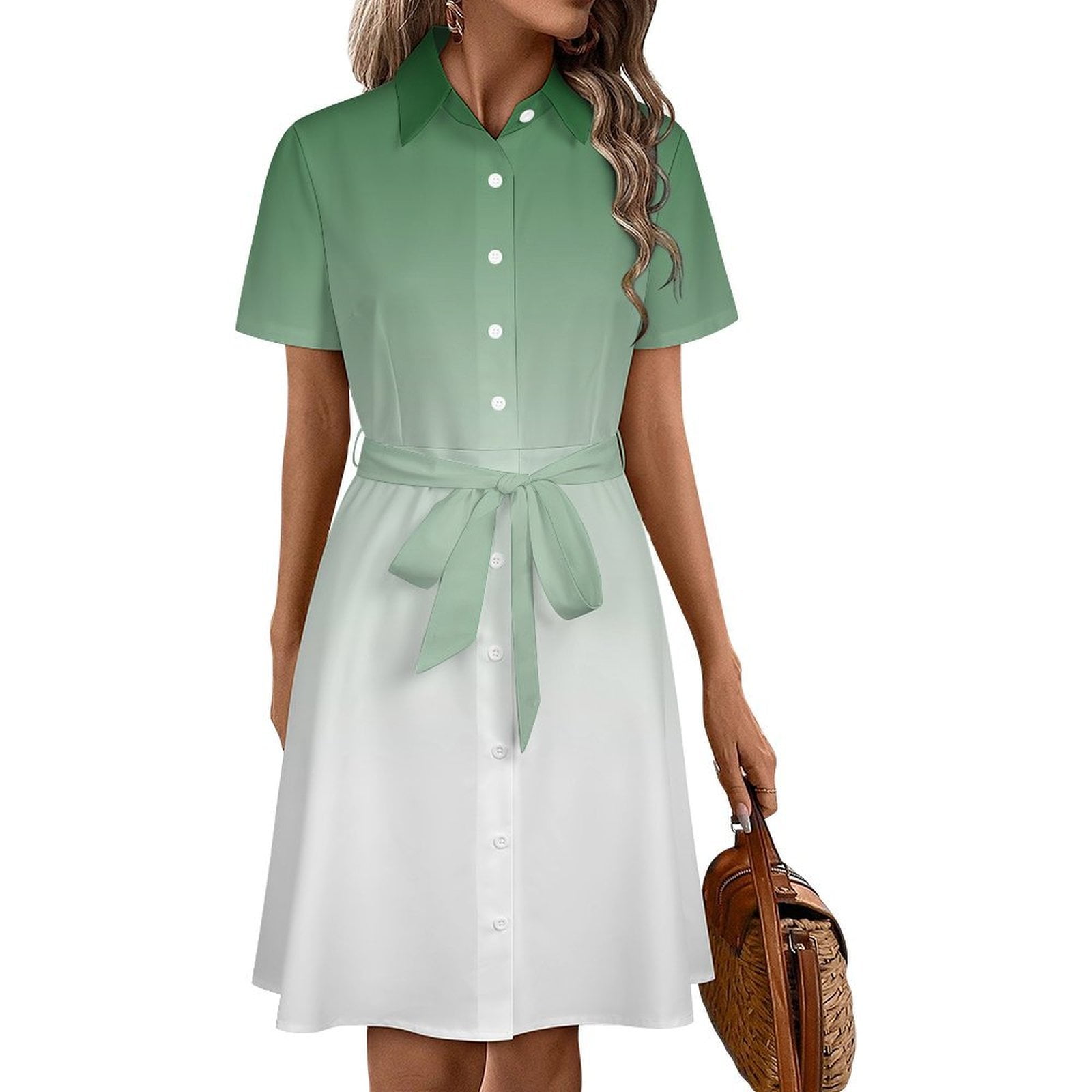 Aesthetic Leaf Green And White Gradient Womens Shirt Dresses Women'S ...