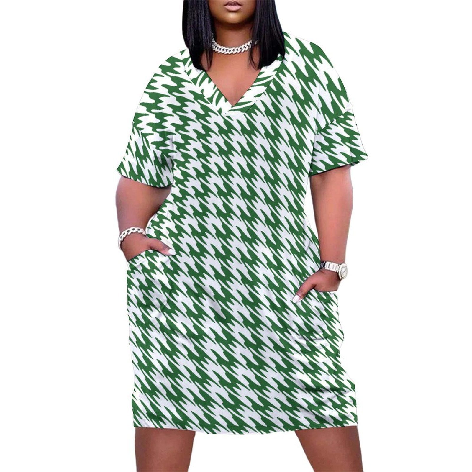 Aesthetic Leaf Green And White Ripple Loose Pocket Dress Dresses Summer ...