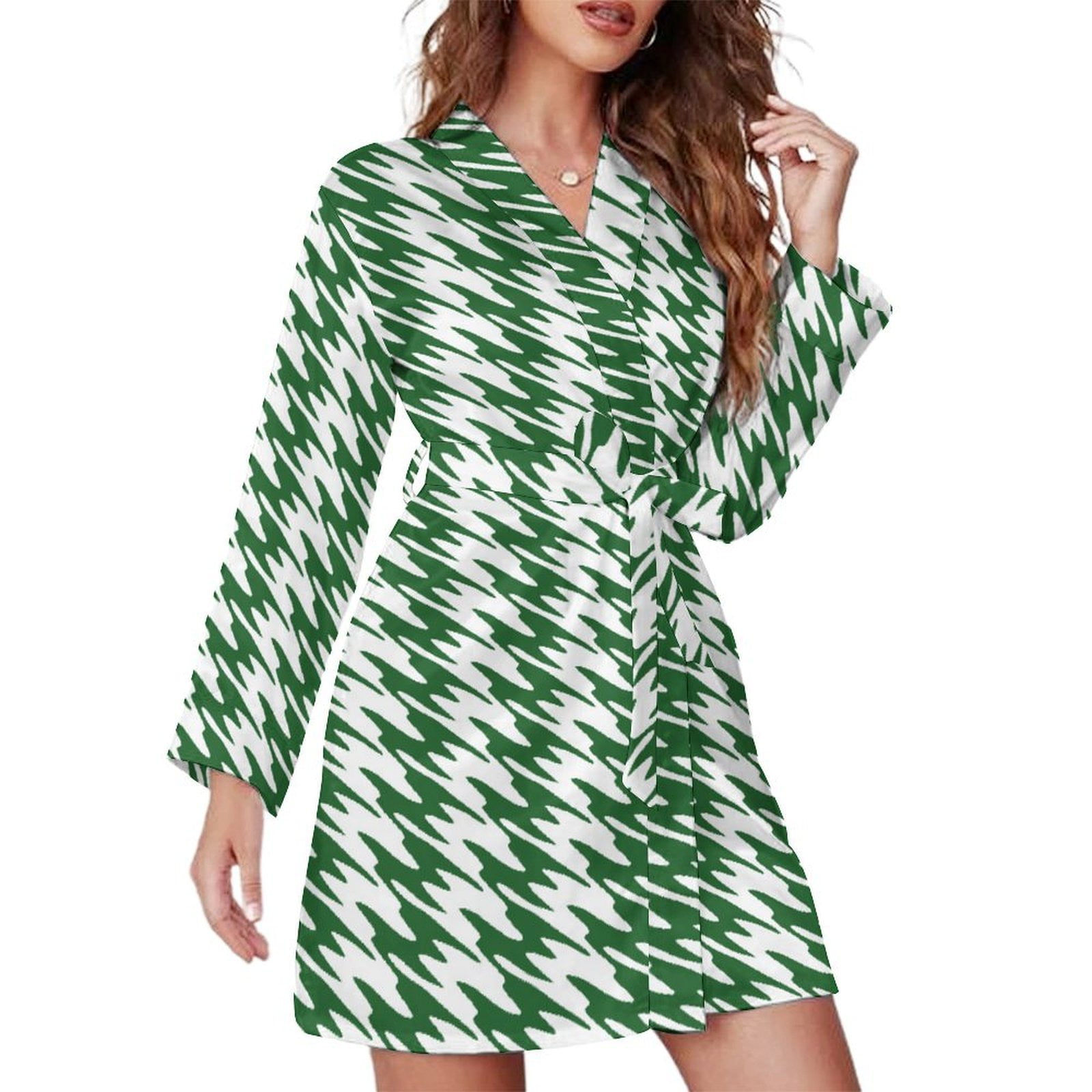 Aesthetic Leaf Green And White Ripple Night Robe Long Sleeve V Neck ...