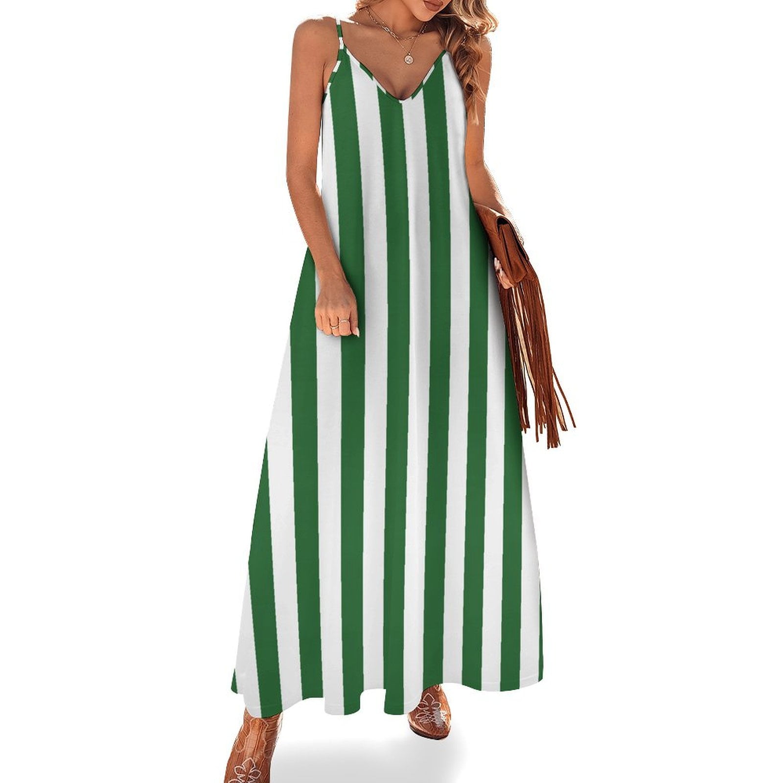 Aesthetic Leaf Green And White Vertical Sleeveless Dress loose women's ...