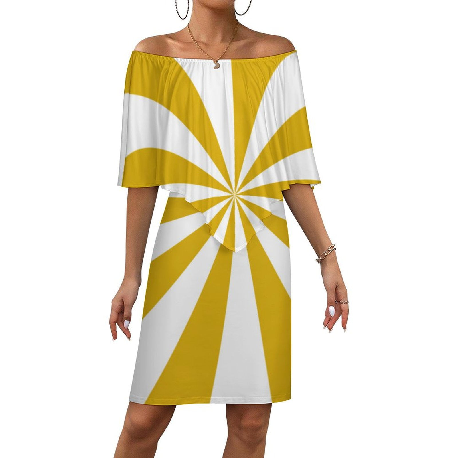 Aesthetic Lemon Yellow And White Sunburst Women's Off The Shoulder Ruffles Summer Wedding Guest ...