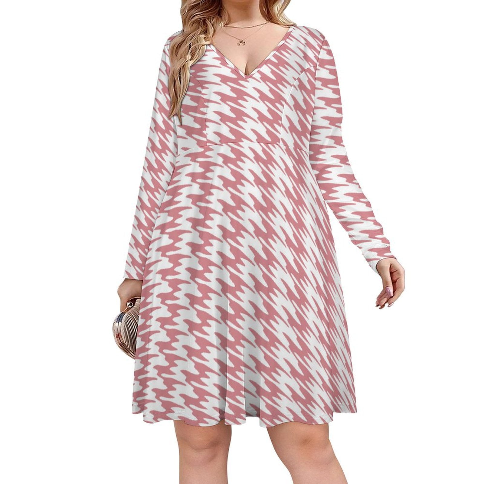 Aesthetic Light Pink And White Ripple Long Sleeve Dresses For Women ...