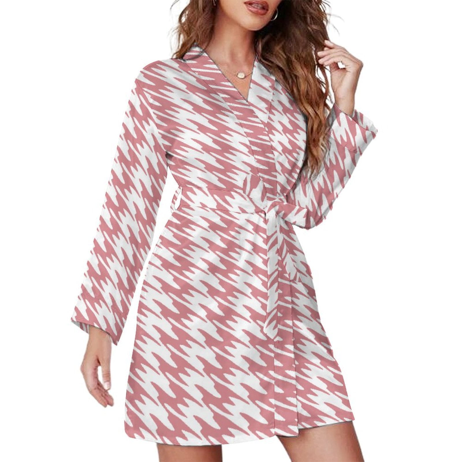 Aesthetic Light Pink And White Ripple Night Robe Long Sleeve V Neck ...