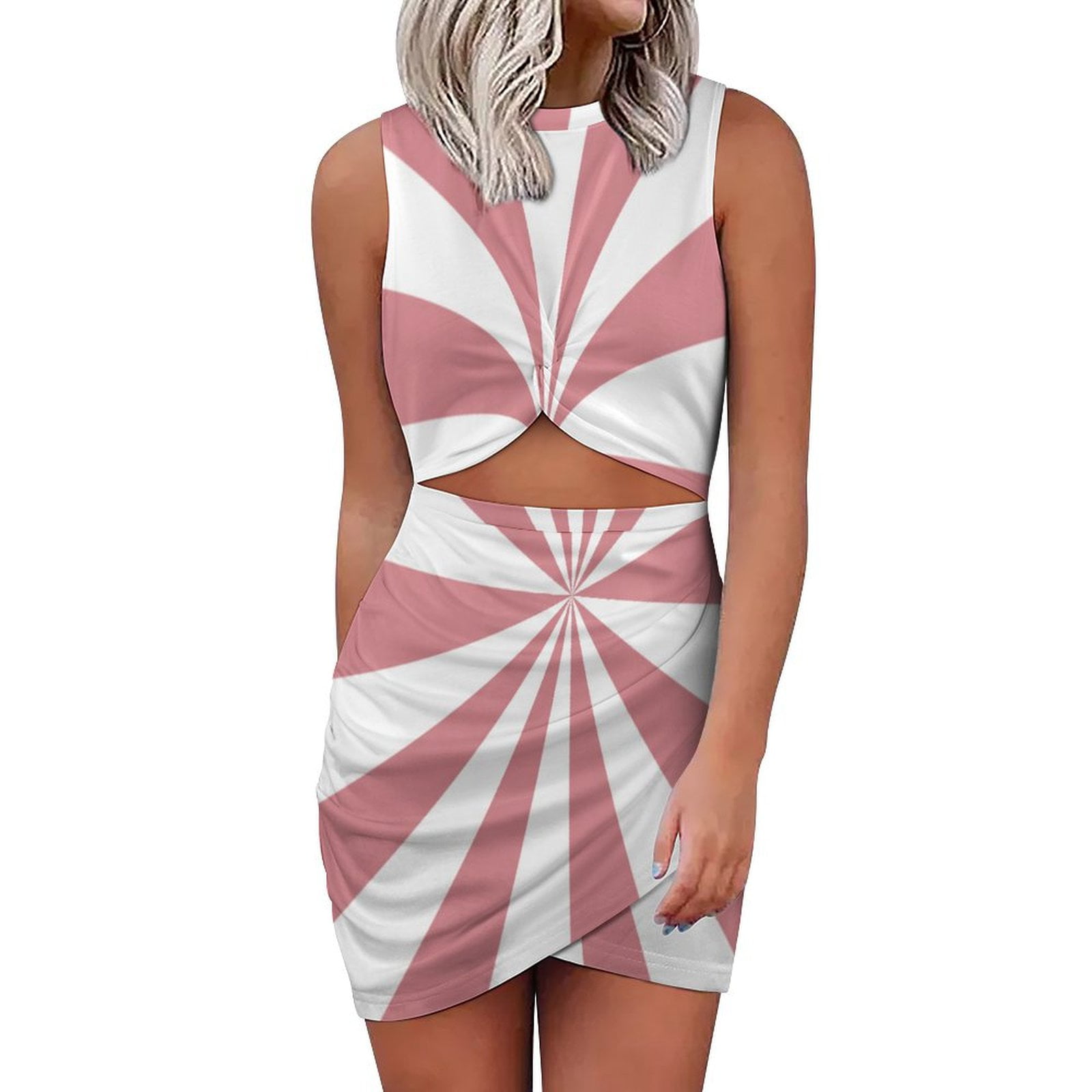 Aesthetic Light Pink And White Sunburst Women's Crossover Slim Hip Dress Summer Crossover Dress ...
