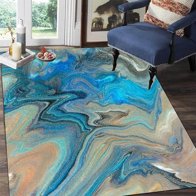 Aesthetic Liquid Abstract Blue Beige Modern Area Rug For Living Room ...