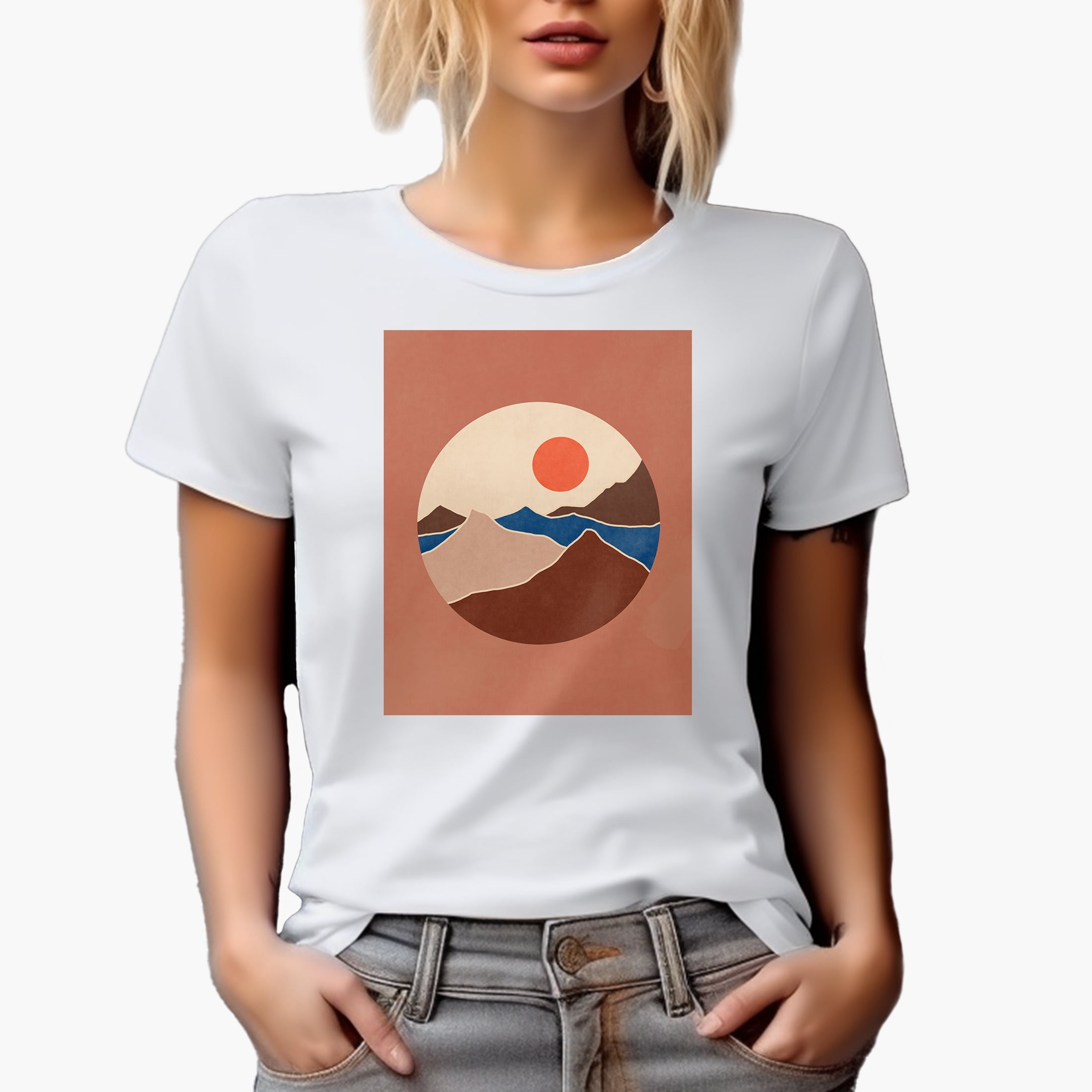 Aesthetic Minimalism Boho Mountain & Sun Art Merch Gift, White T-Shirt ...