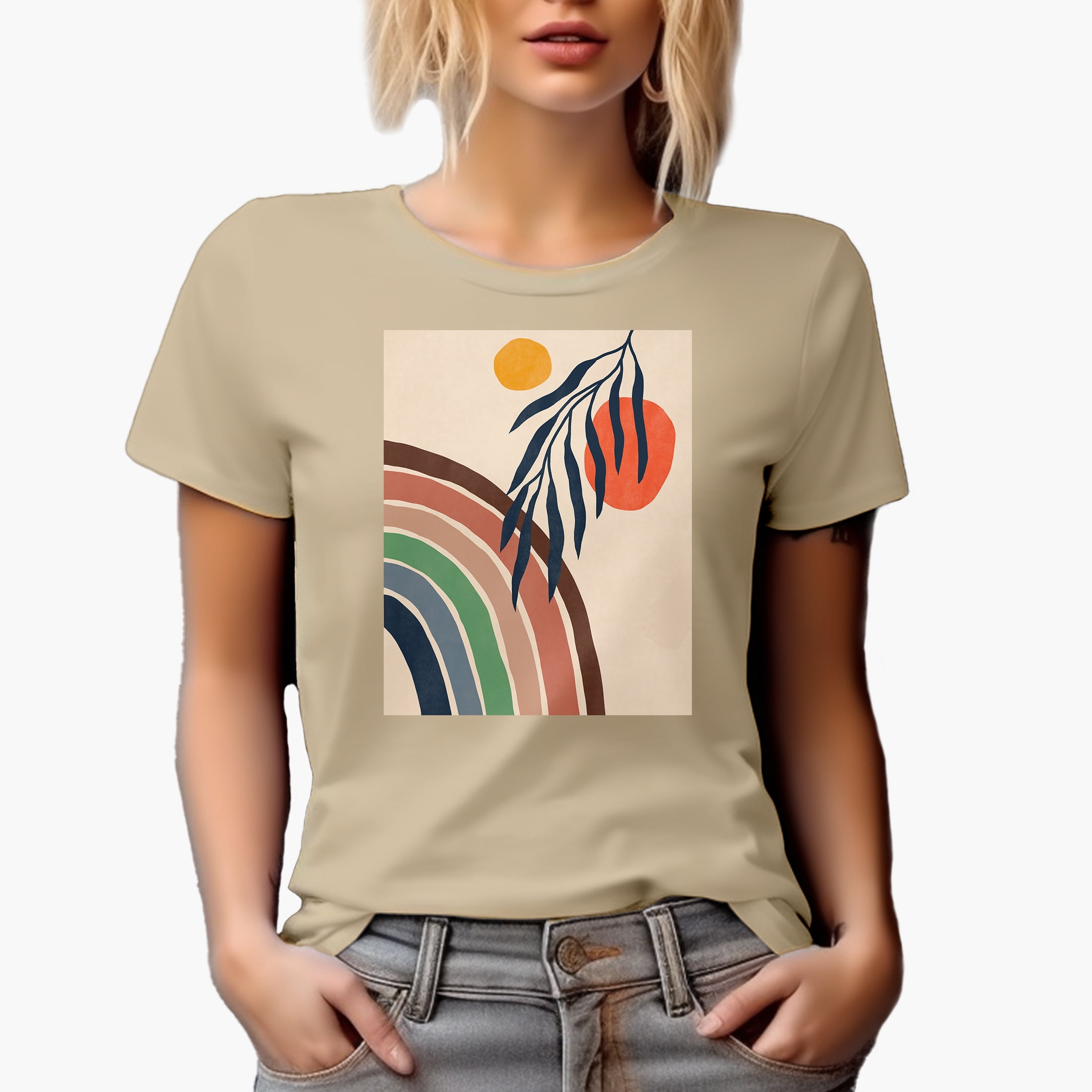 Aesthetic Minimalism Boho Rainbow & Sun Art Merch Gift, Tan T-Shirt ...