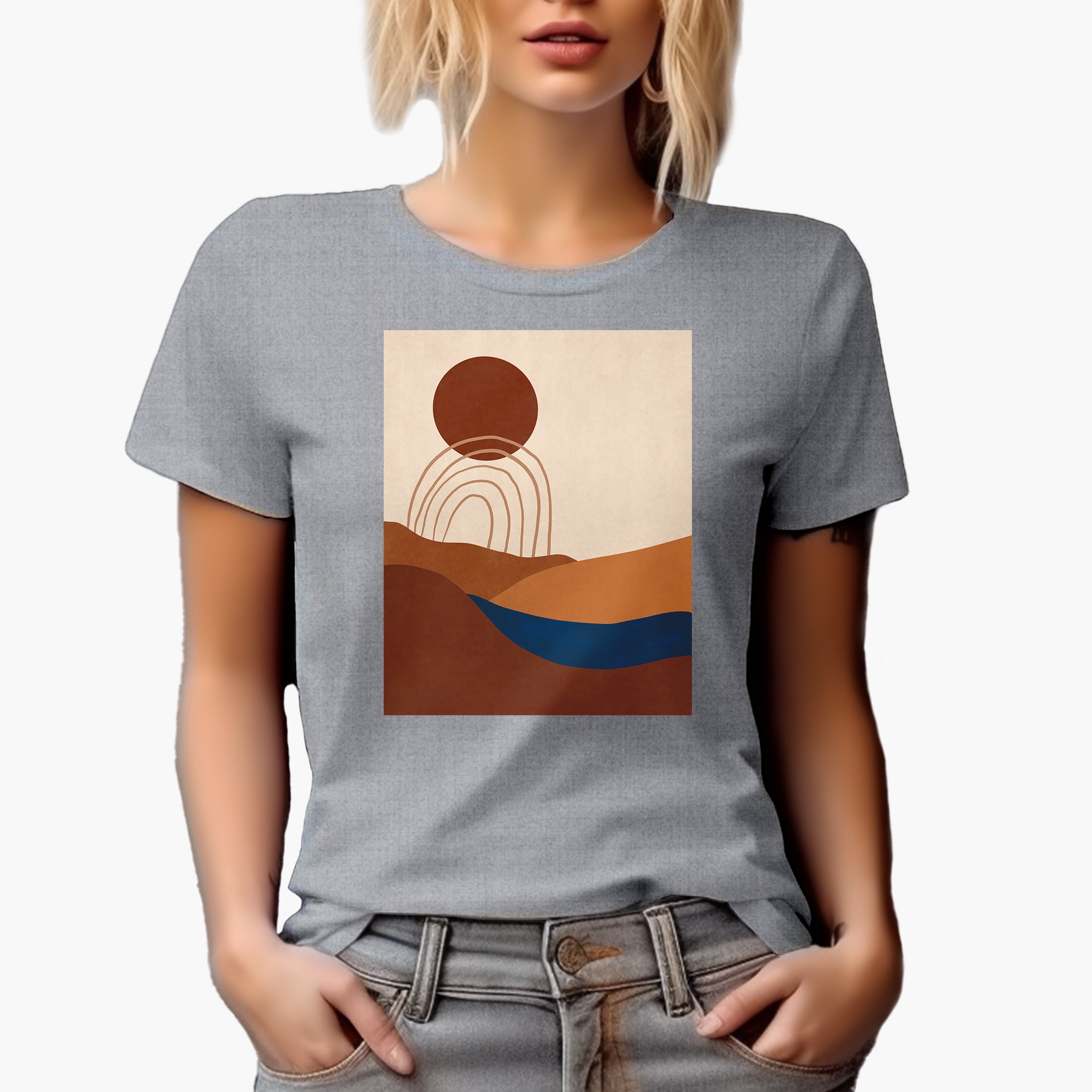 Aesthetic Minimalism Boho Sun & Rainbow Art Merch Gift, Heather Grey T ...