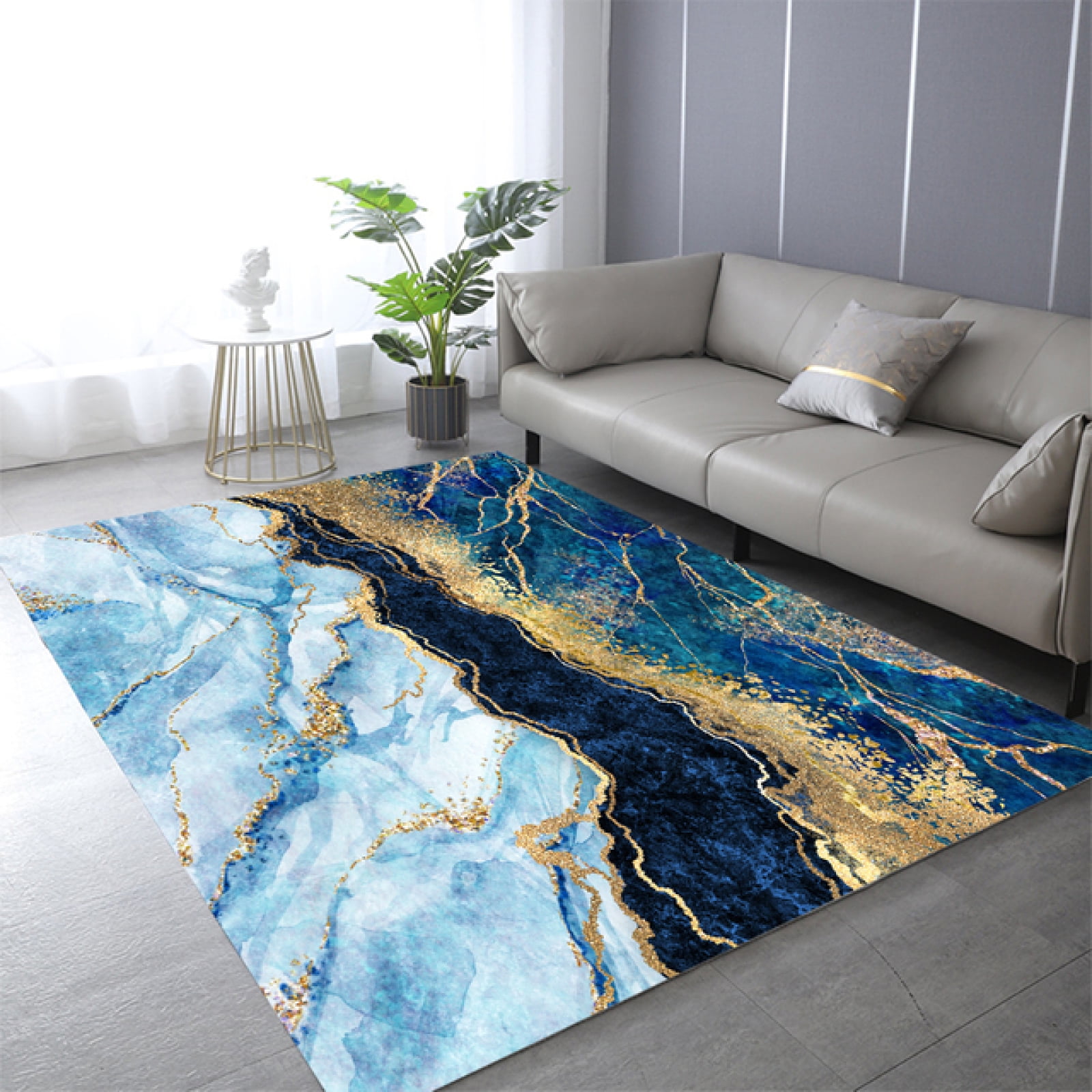 Aesthetic Modern Abstract Area Rugs, Navy Blue Gold Marble Carpet For ...