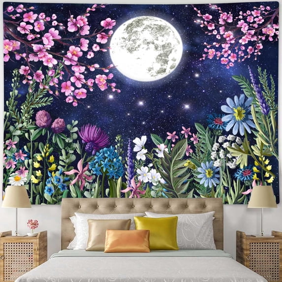 Aesthetic Moon Flower Tapestry, Starry Sky Plant Floral Tapestry Wall ...