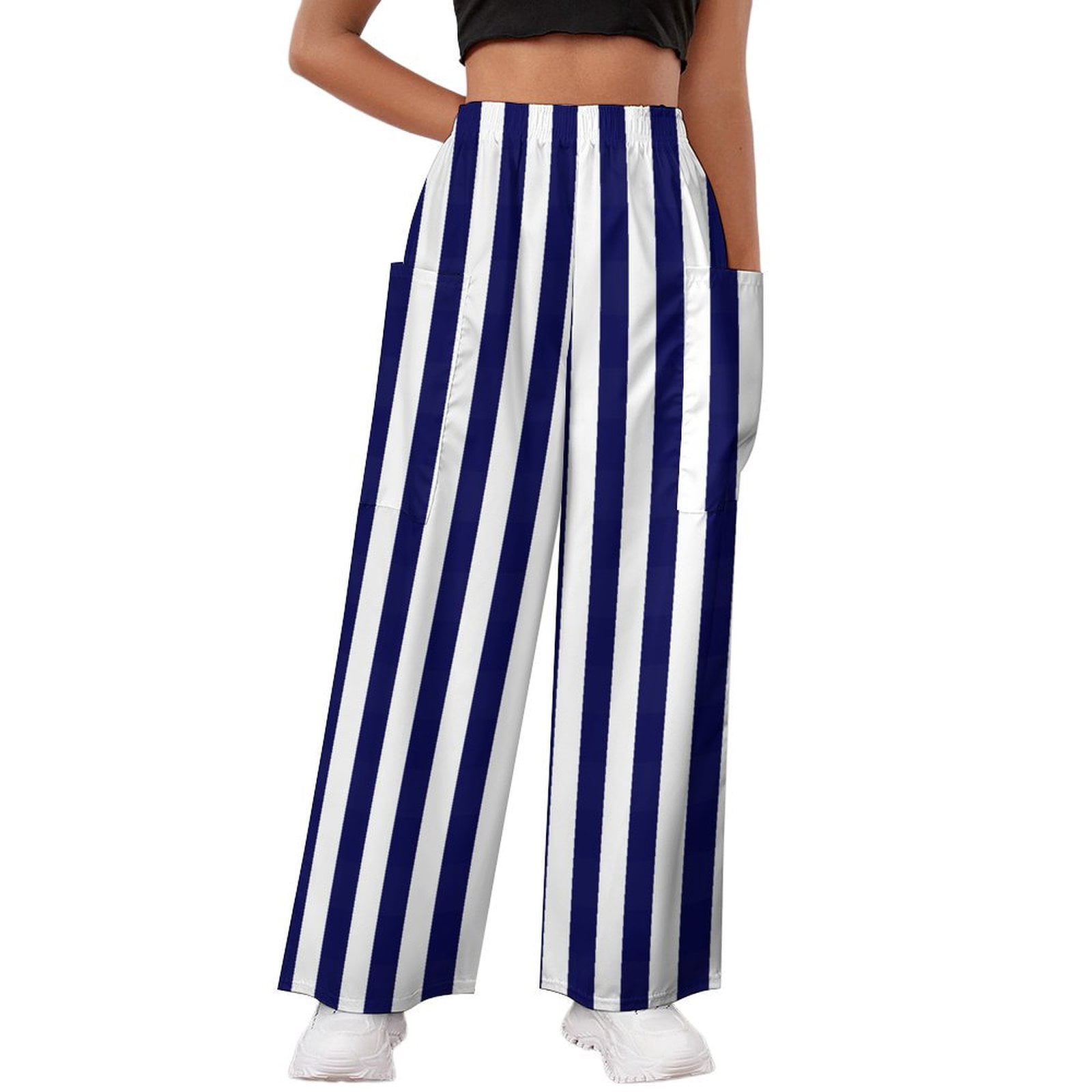 Aesthetic Night Blue And White Vertical Straight Leg Trousers for Women ...