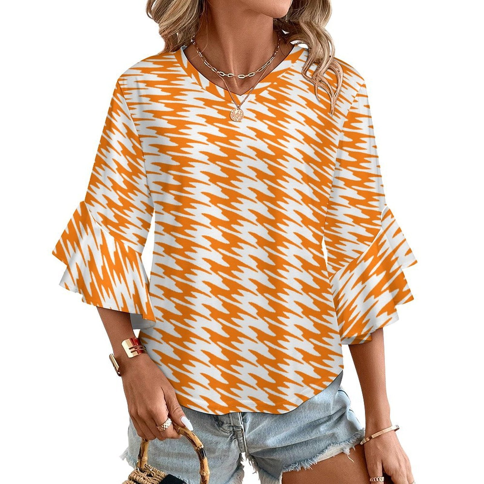 Aesthetic Orange And White Ripple Women's V-Neck Blouse With 3/4 ...
