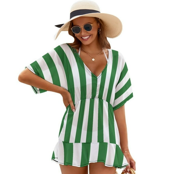 Aesthetic Patina Green And White Vertical Beach Cover Ups Women V Neck ...