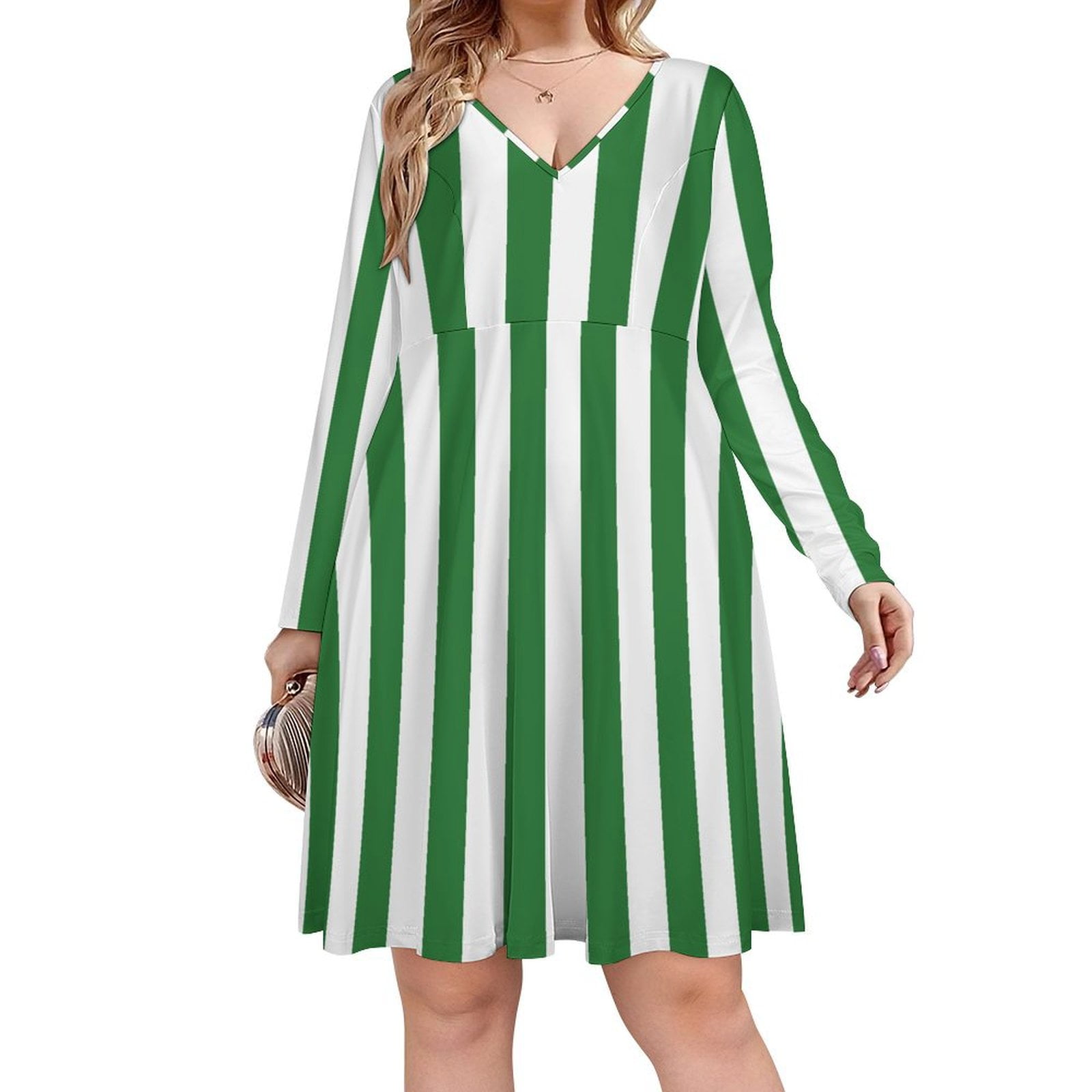 Aesthetic Patina Green And White Vertical Long Sleeve Dresses For Women Vintage Elegant Party ...