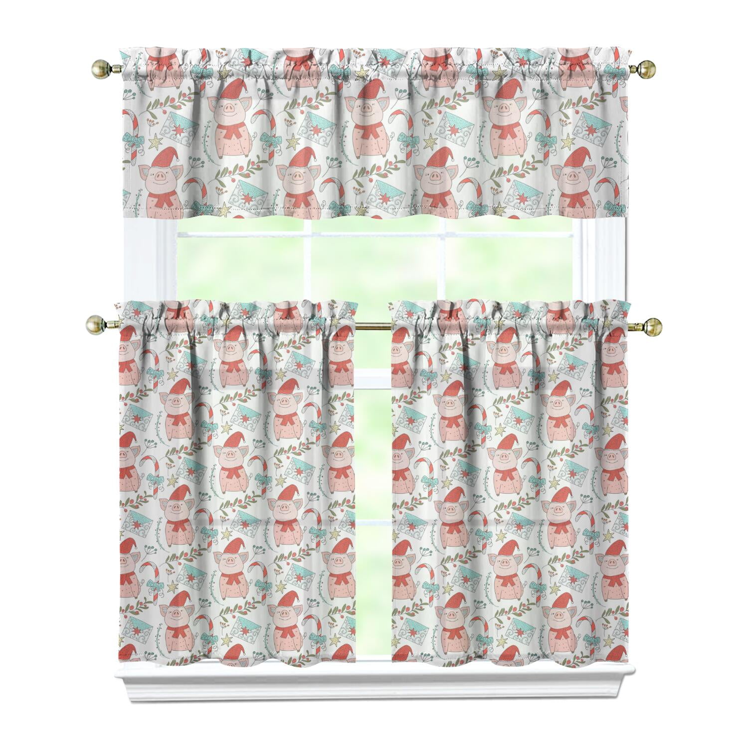 Aesthetic Pig Design Kitchen Curtains Set of 3 - Artistic Farm Animal ...