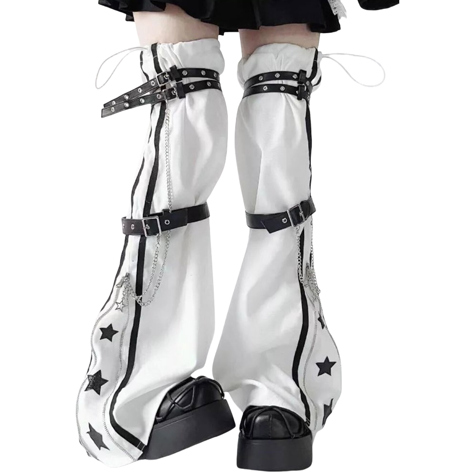 Aesthetic Punk PU Harness Strap Leg Cover Socks for Women Star Print ...