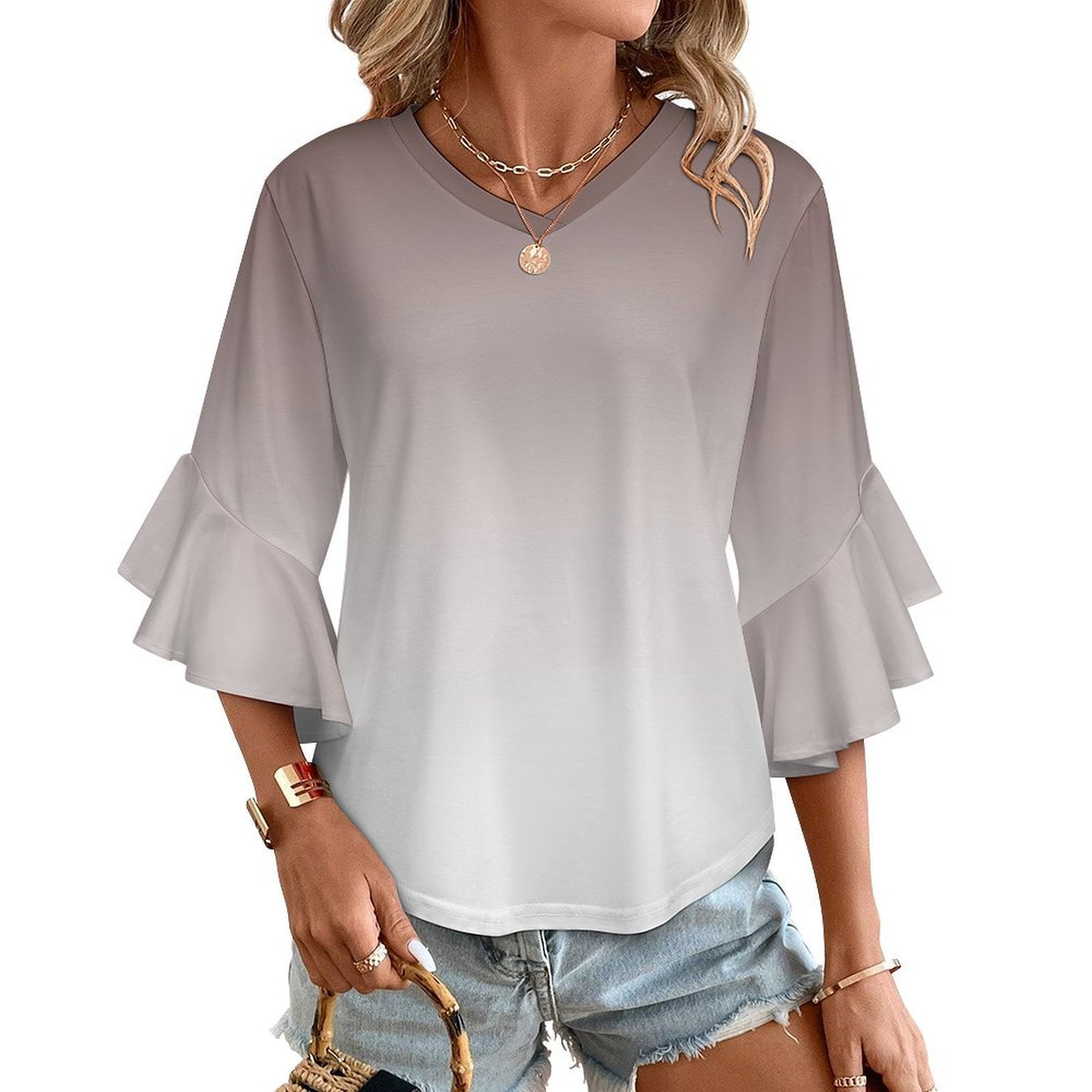 Aesthetic Purple Violet And White Gradient Women's V-Neck Blouse With 3 ...