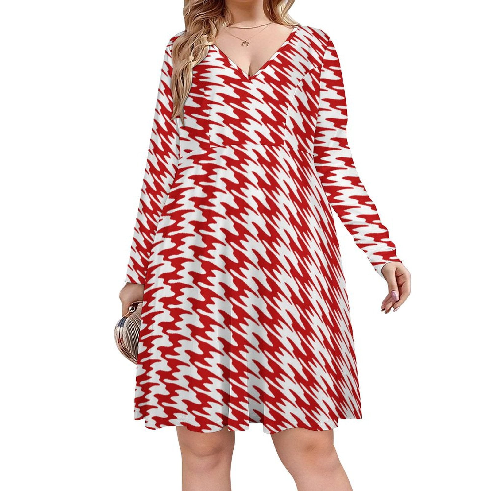 Aesthetic Raspberry Red And White Ripple Long Sleeve Dresses For Women ...