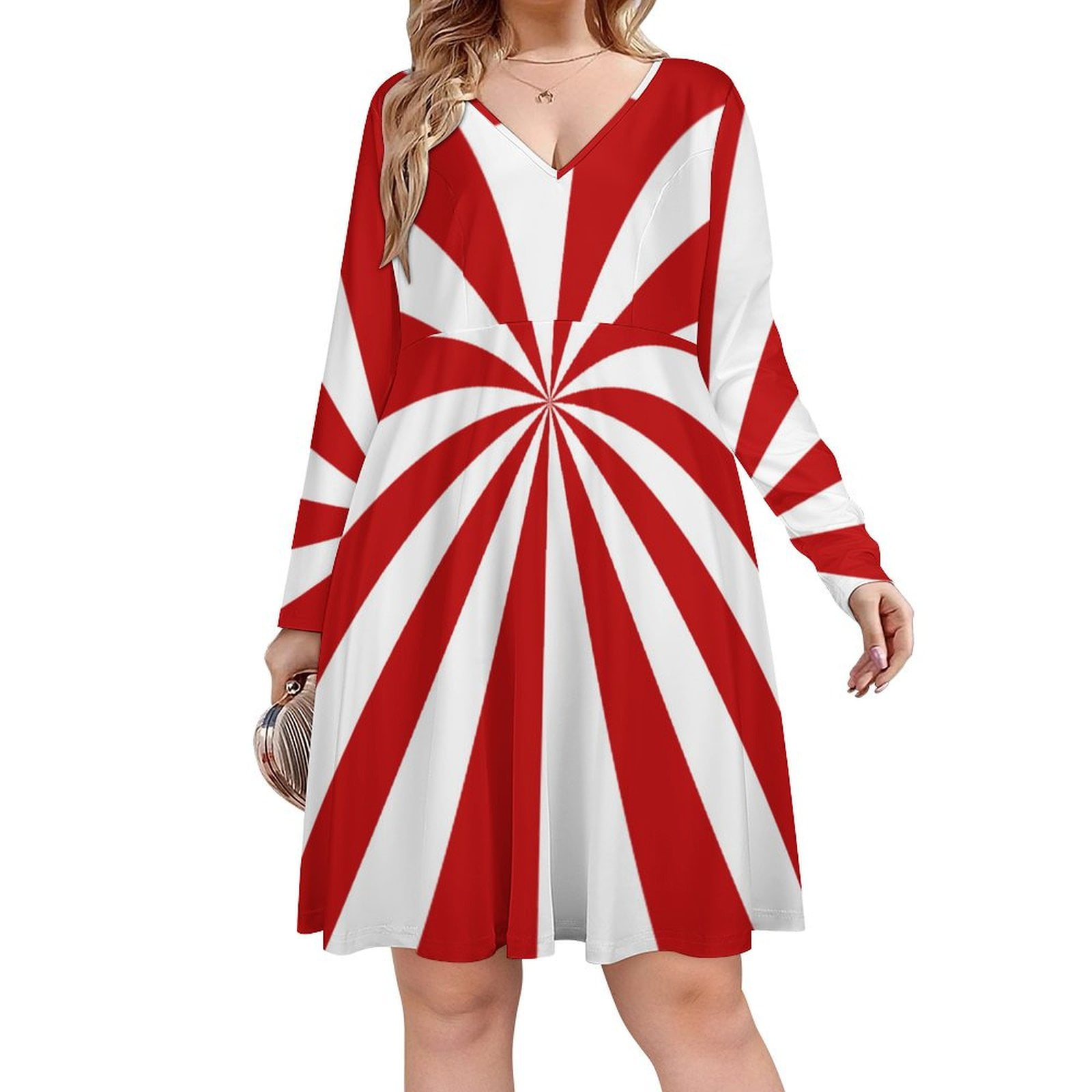 Aesthetic Raspberry Red And White Sunburst Long Sleeve Dresses For ...