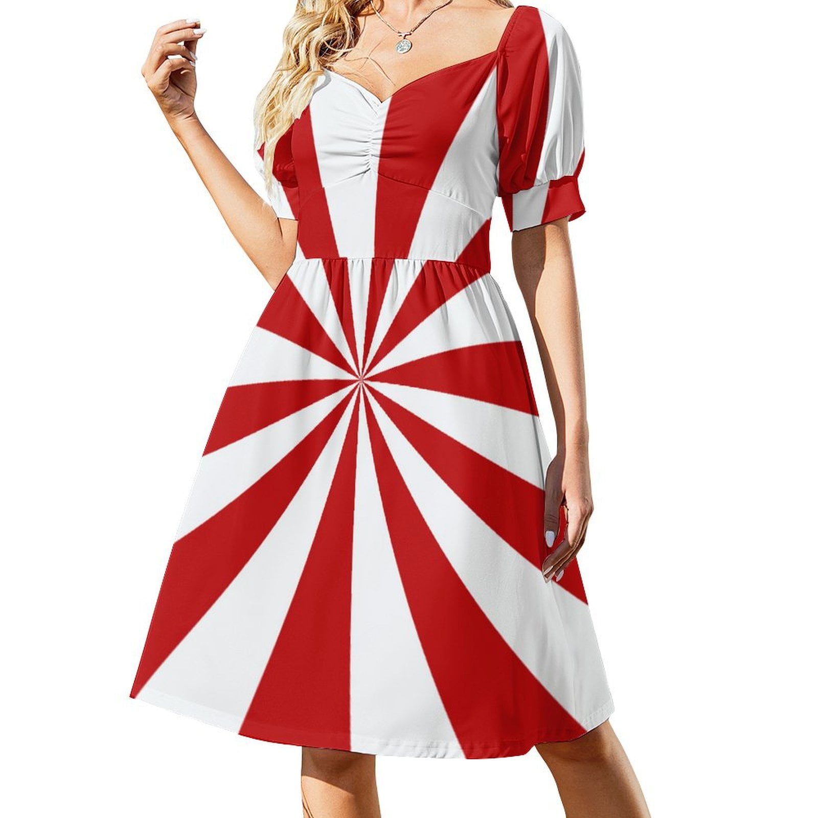 Aesthetic Raspberry Red And White Sunburst Short Sleeve Dress Clothes ...