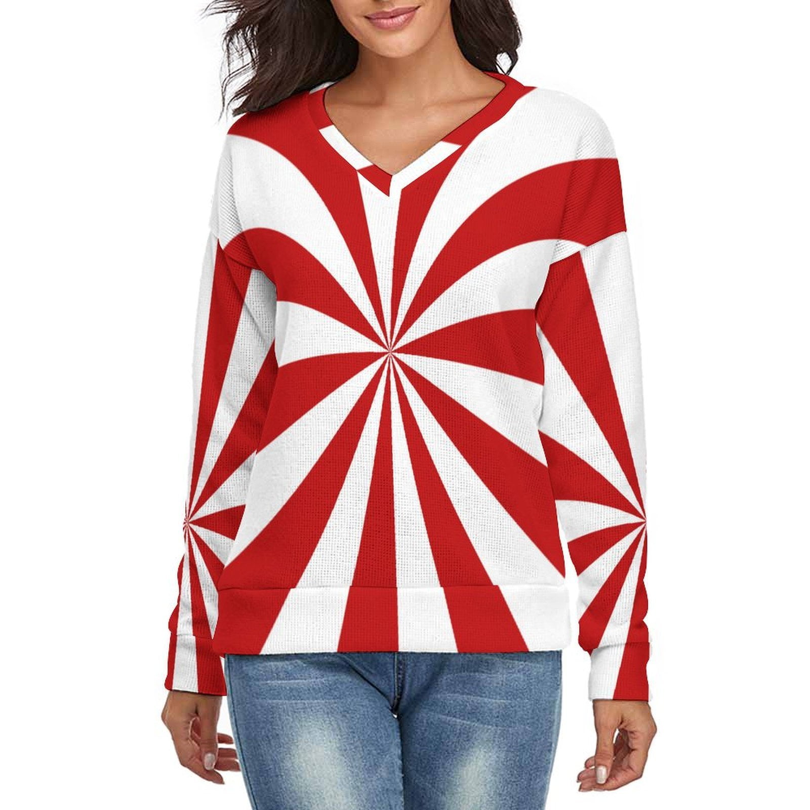 Aesthetic Raspberry Red And White Sunburst V-neck Sweater Winter Clothes Long Sleeve Knitwear ...