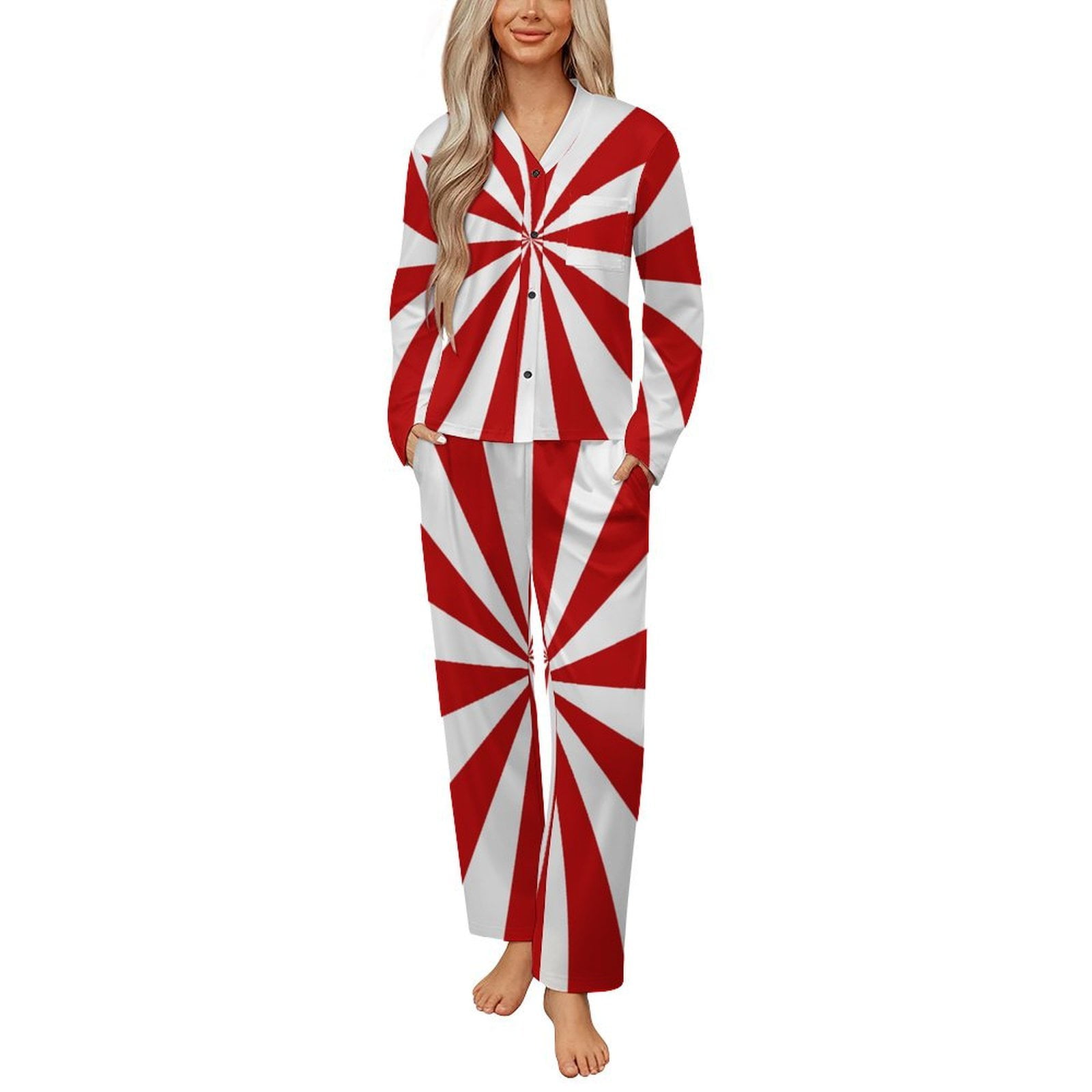 Aesthetic Raspberry Red And White Sunburst Womens Pyjamas Set Button Up ...