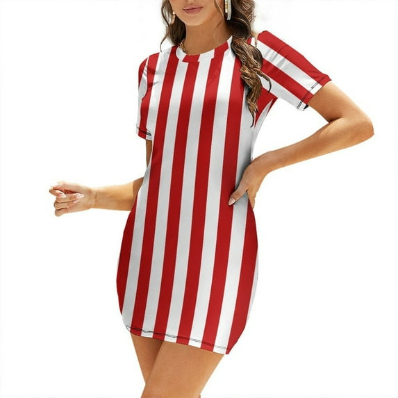 Aesthetic Raspberry Red And White Vertical Summer Dresses For Women ...