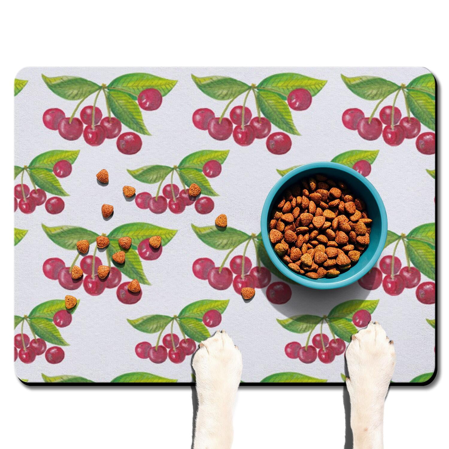 Aesthetic Red Cherry Dog Feeding Mat - Eco-Friendly Multi-Layer Bowl Pad, Illustrated Fruit ...