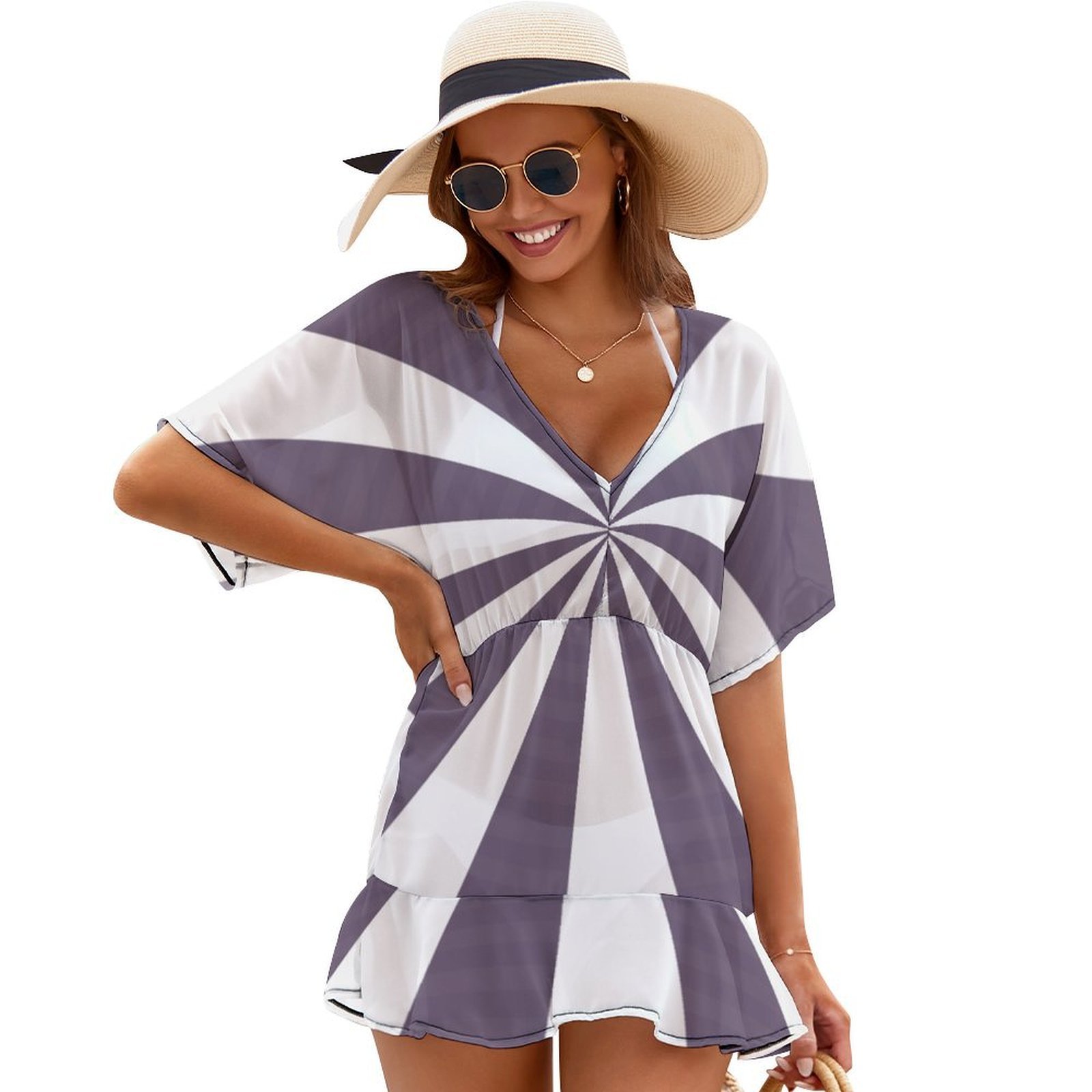 Aesthetic Red Lilac And White Sunburst Beach Cover Ups Women V Neck ...