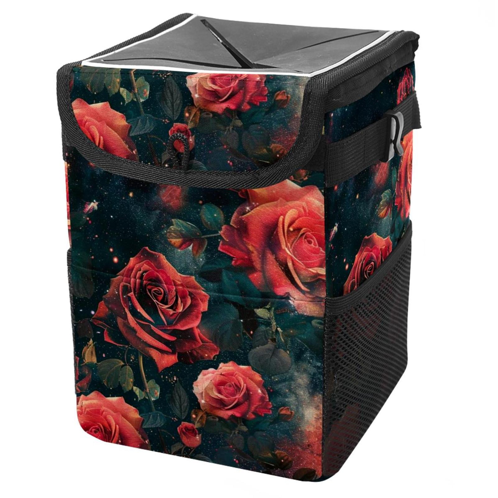 Aesthetic Red Rose Galaxy Foldable Car Trash Can with Lid, Leak-Proof ...