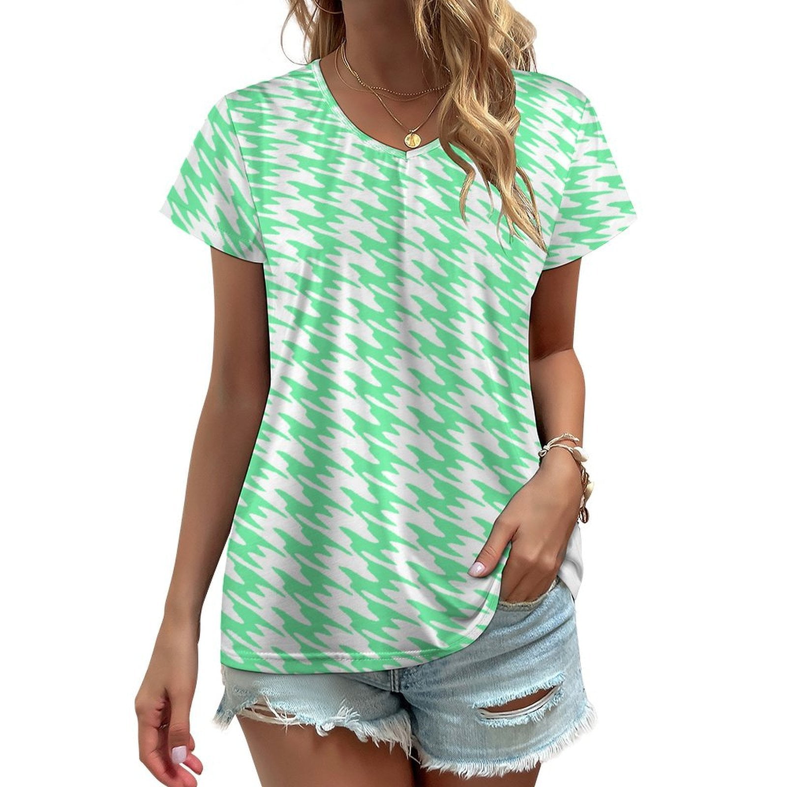 Aesthetic Sage Green And White Ripple Women's Blouse Short Sleeve Women ...