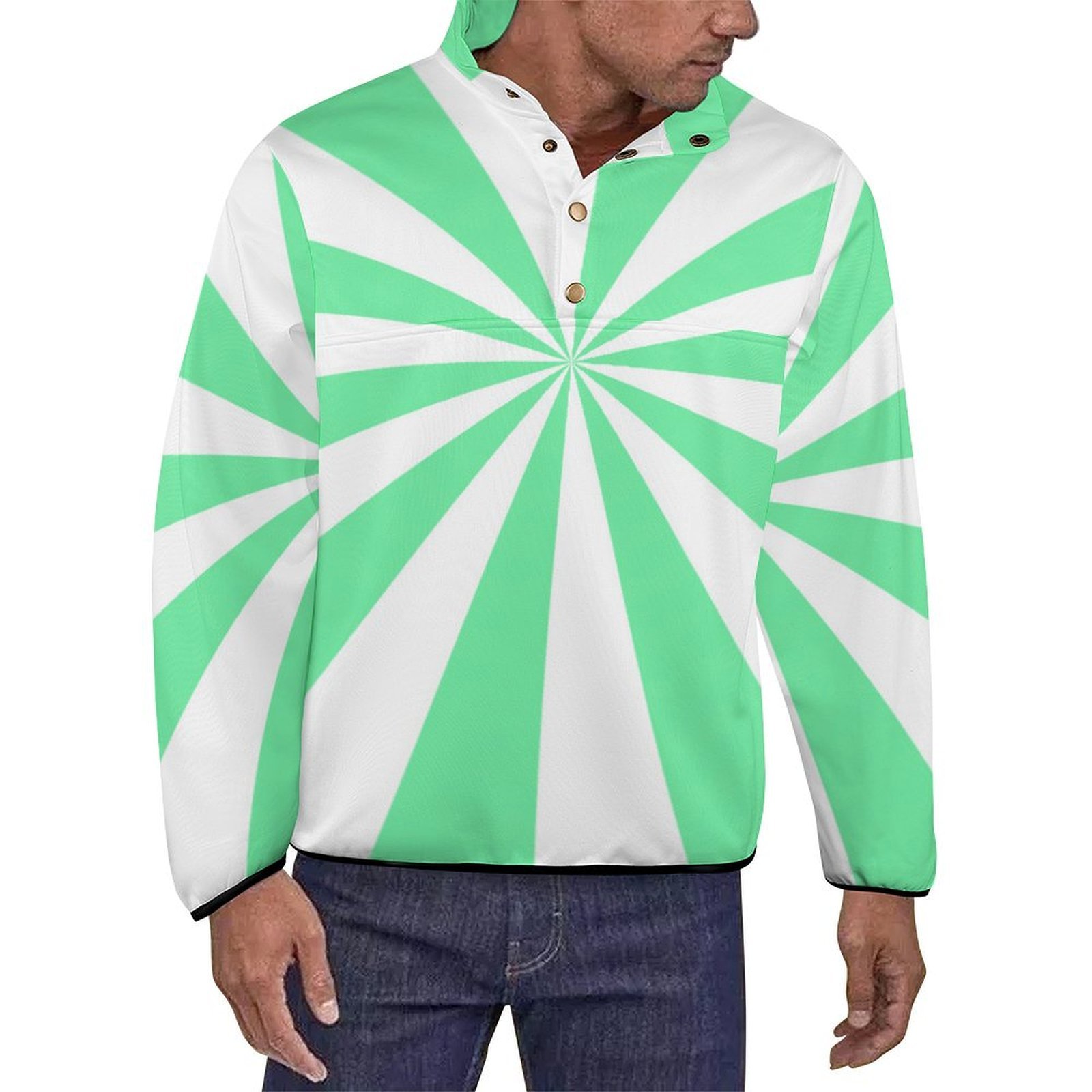 Aesthetic Sage Green And White Sunburst Men's Stand Collar Sweater Long ...
