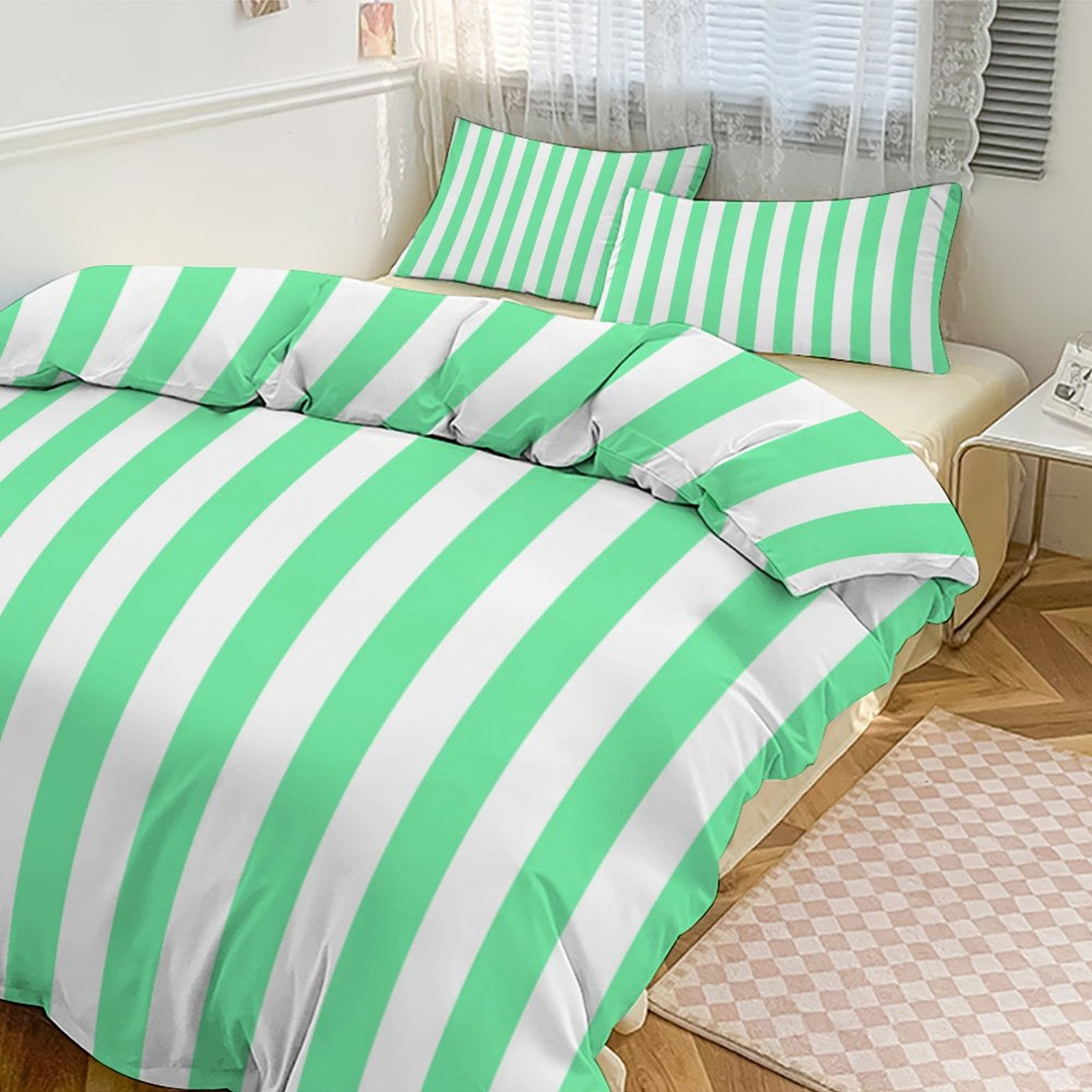 Aesthetic Sage Green And White Vertical 90"x90" 3 Pcs Soft Bedding Set ...