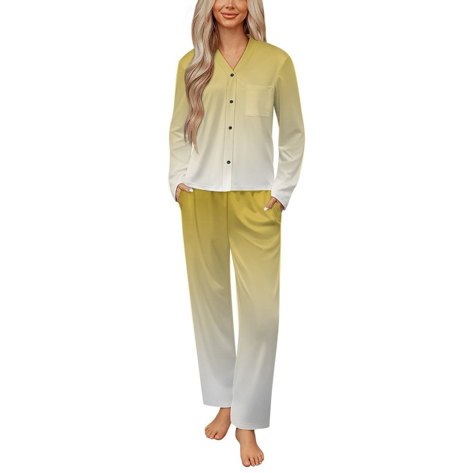 Aesthetic Sand Yellow And White Gradient Womens Pyjamas Set Button Up ...