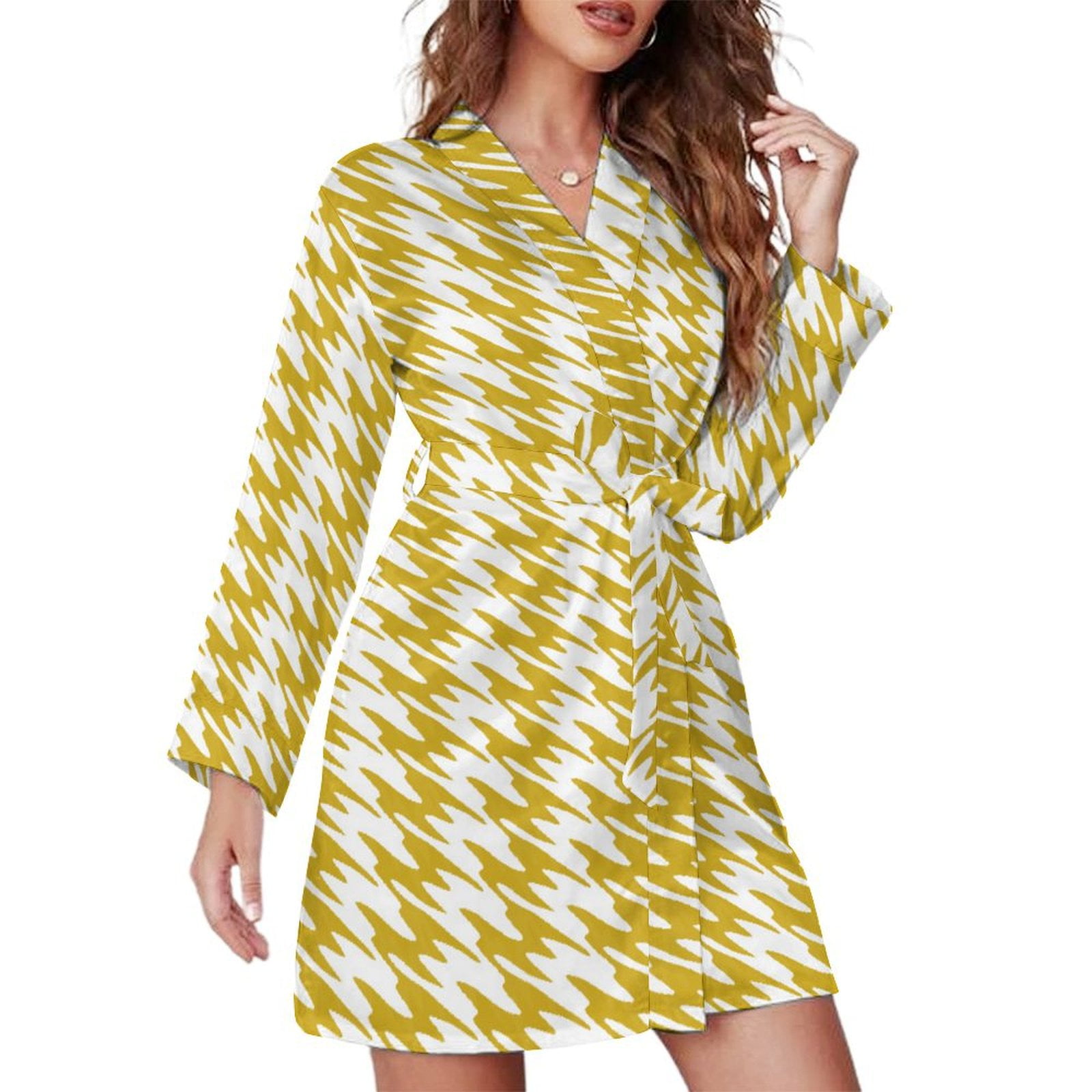 Aesthetic Sand Yellow And White Ripple Night Robe Long Sleeve V Neck ...