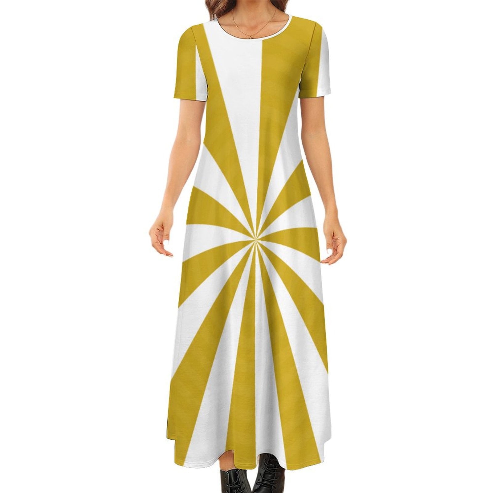 Aesthetic Sand Yellow And White Sunburst Maxi Dress for Women Crew Neck Beach Dress Short Sleeve ...