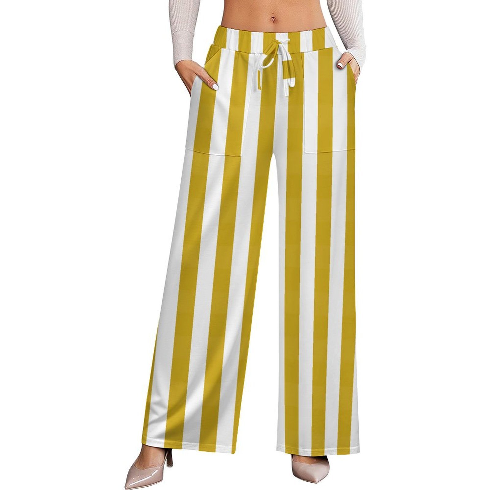 Aesthetic Sand Yellow And White Vertical Women's Casual Wide Leg Pants ...