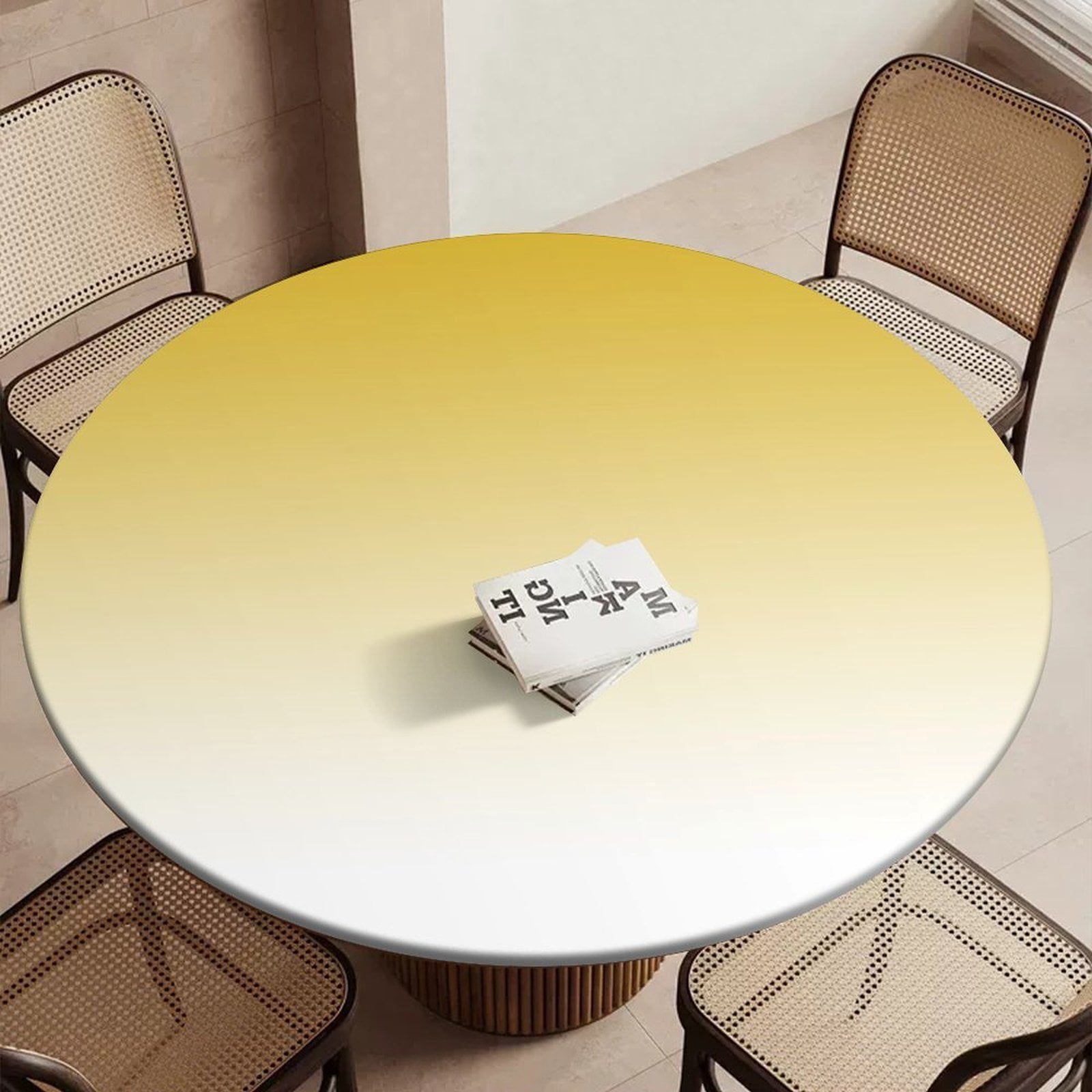 Aesthetic Sand Yellow And White Gradient Round Table Cover Kitchen Printed Waterproof Tablecloth ...