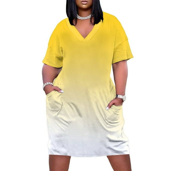 Aesthetic Signal Yellow And White Gradient Loose Pocket Dress Dresses ...