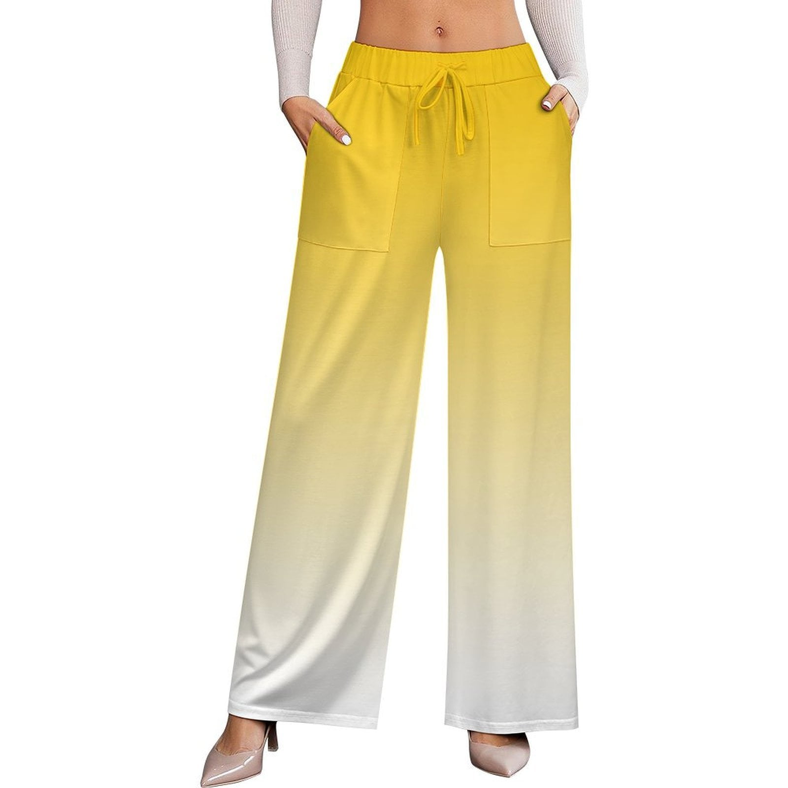 Aesthetic Signal Yellow And White Gradient Women's Casual Wide Leg ...
